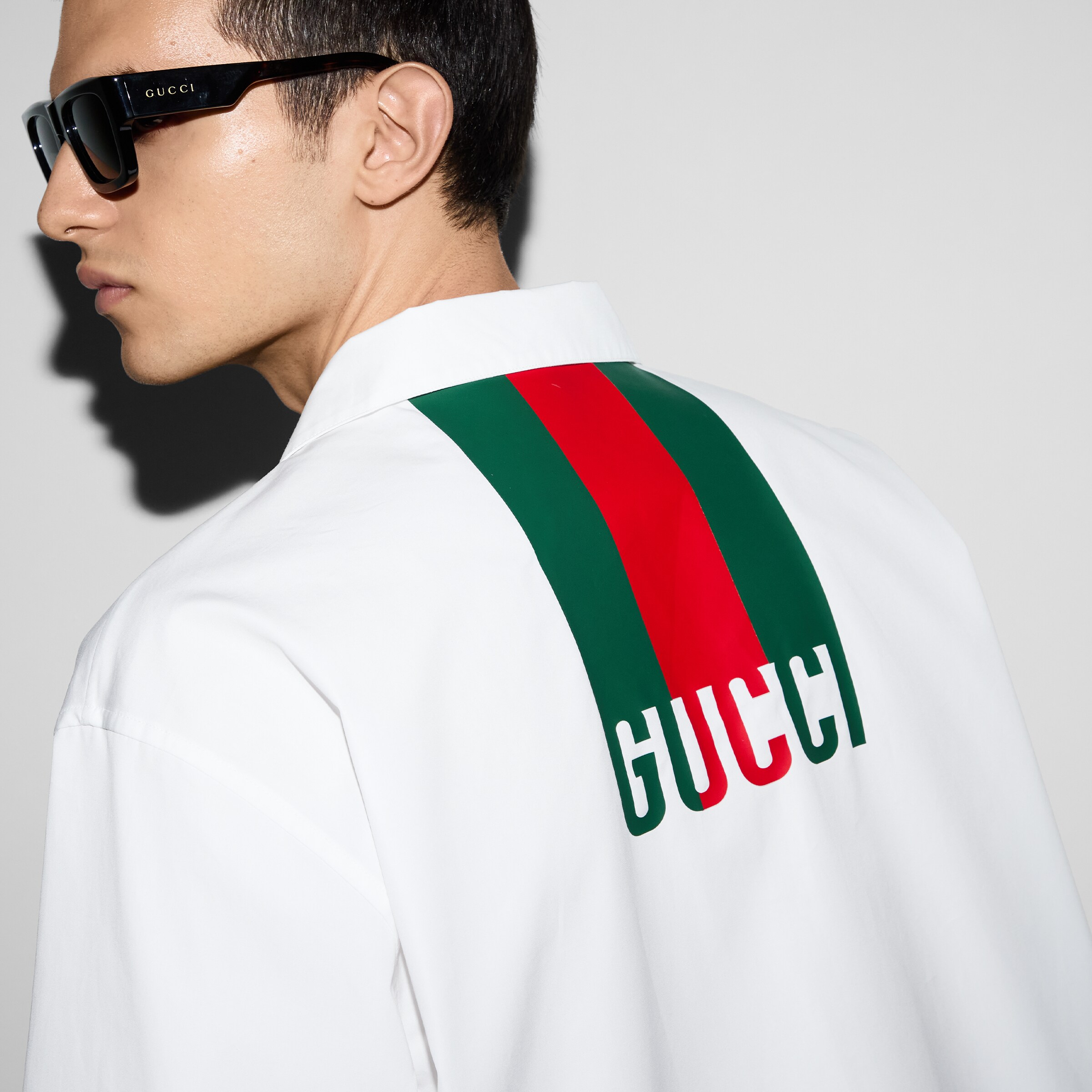 Regular fit cotton shirt with Web in white | GUCCI® SG