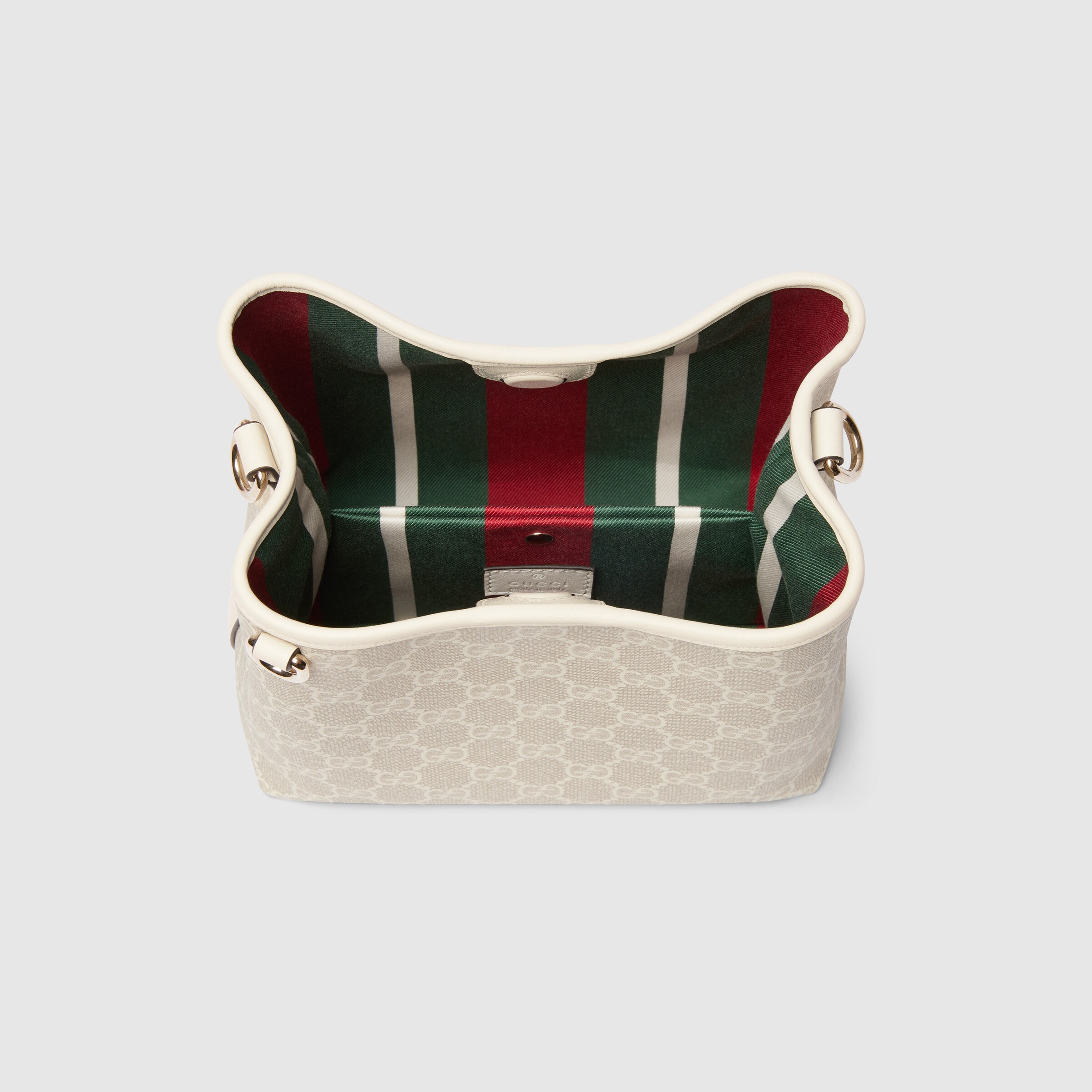 GG Emblem mini bucket bag in beige and white fabric | GUCCI® US
