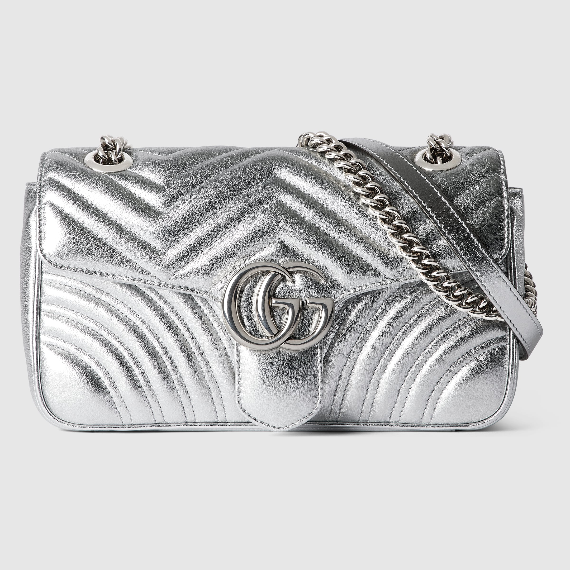 GG Marmont small shoulder bag in metallic silver leather | GUCCI® UK