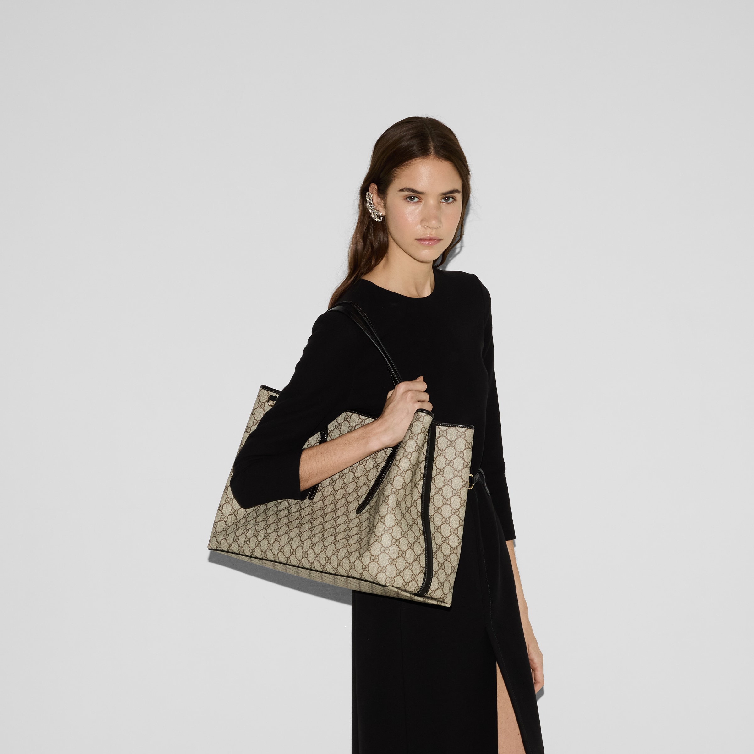 GG Emblem large tote bag in beige and dark brown fabric | GUCCI® US