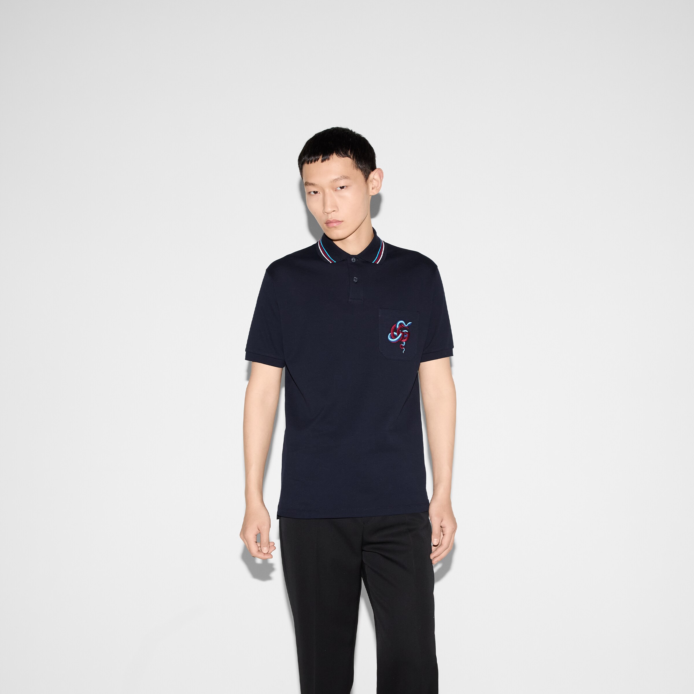 Embroidered stretch cotton polo shirt in navy | GUCCI® TR