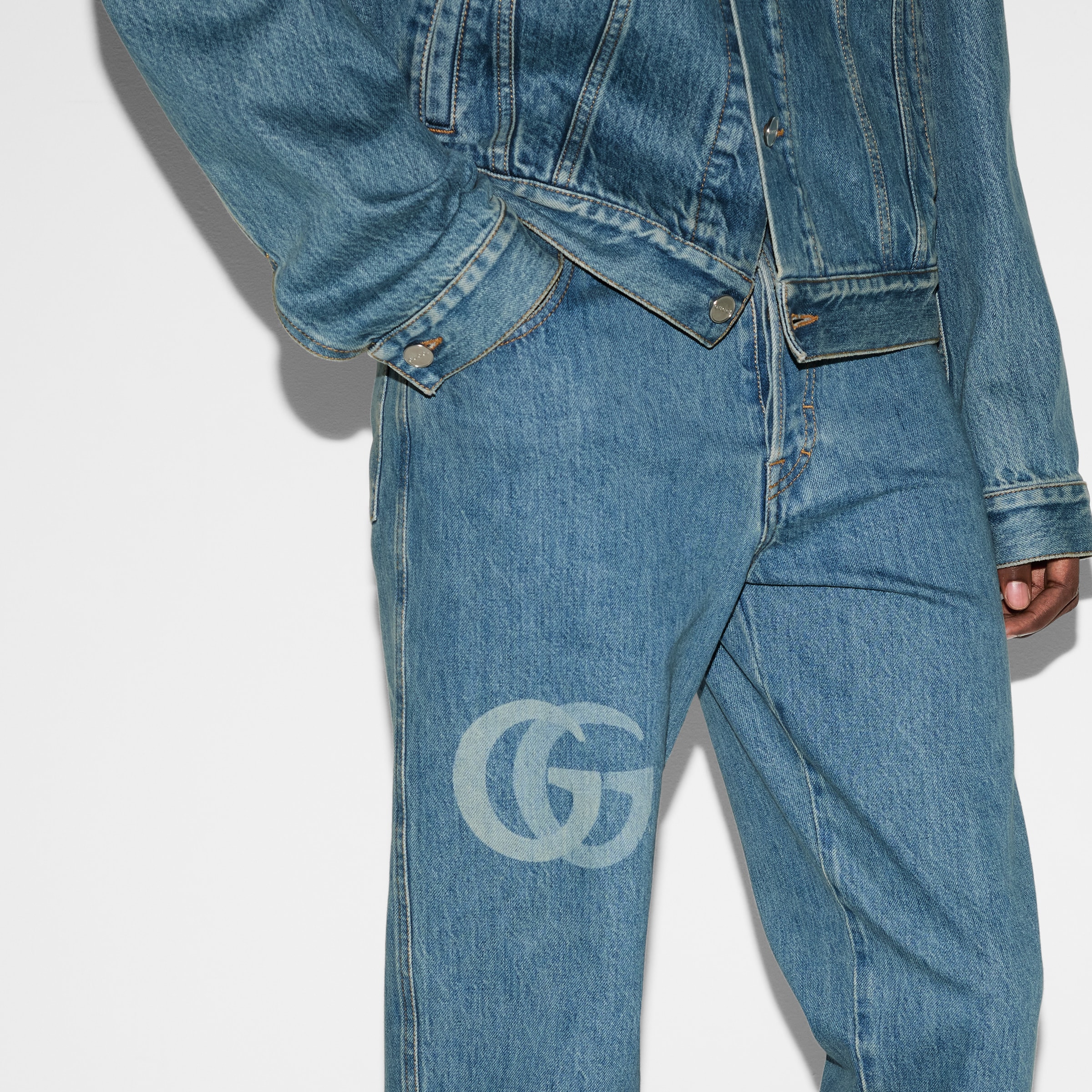 Lasered Double G denim pant in blue | GUCCI® US