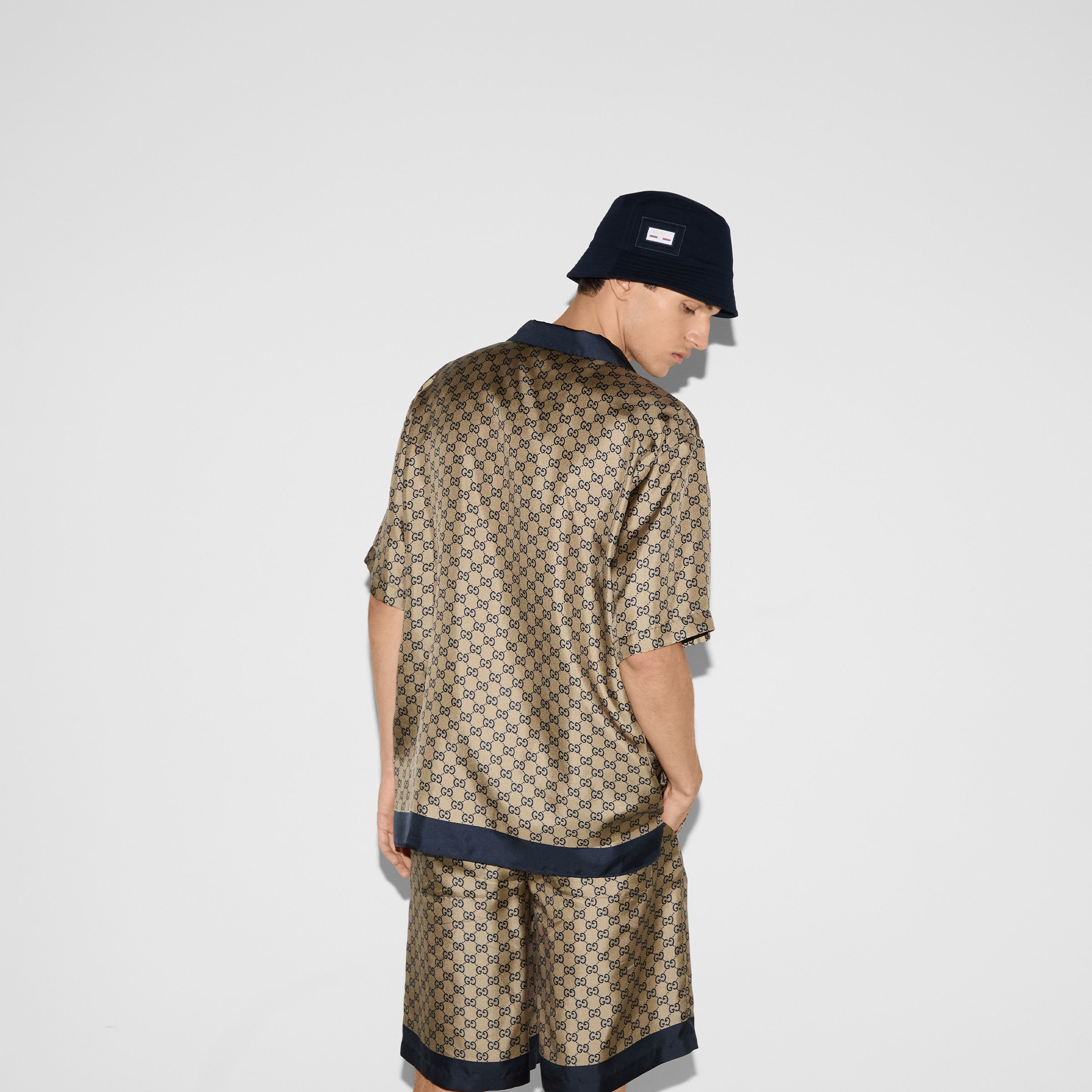 Printed silk shirt in beige and blue | GUCCI® US