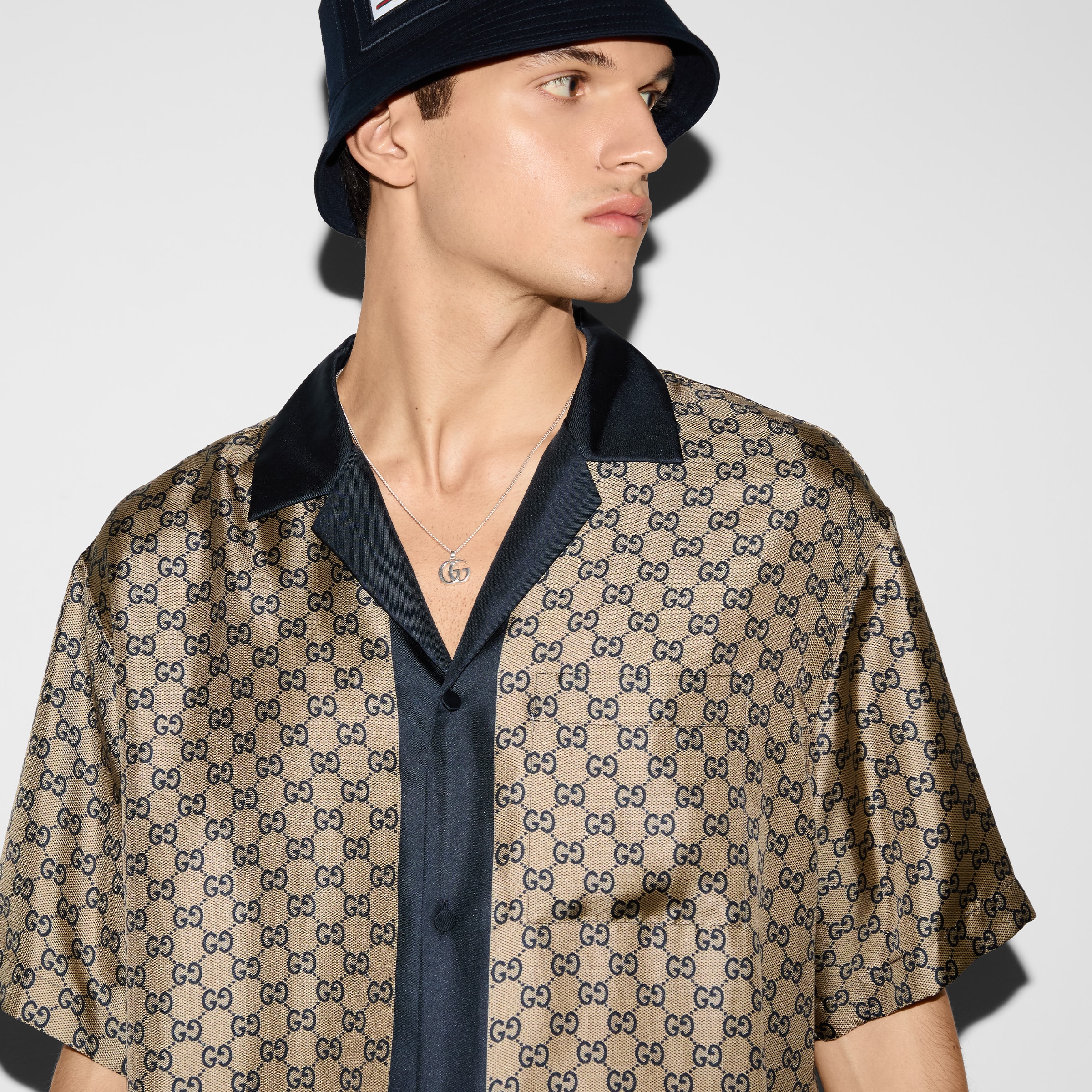 Printed silk shirt in beige and blue | GUCCI® US
