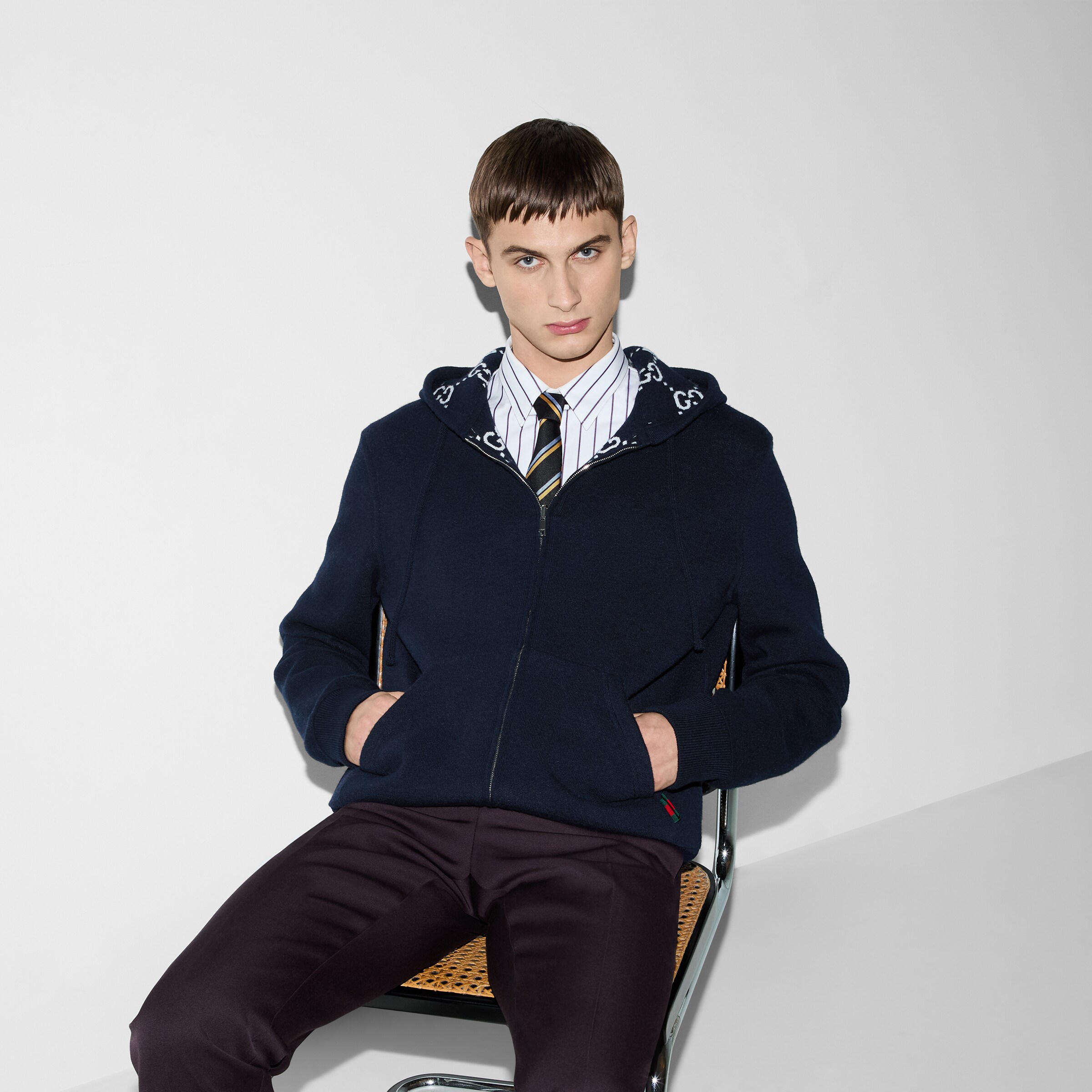 Reversible GG wool hooded zip jacket in dark blue | GUCCI® US