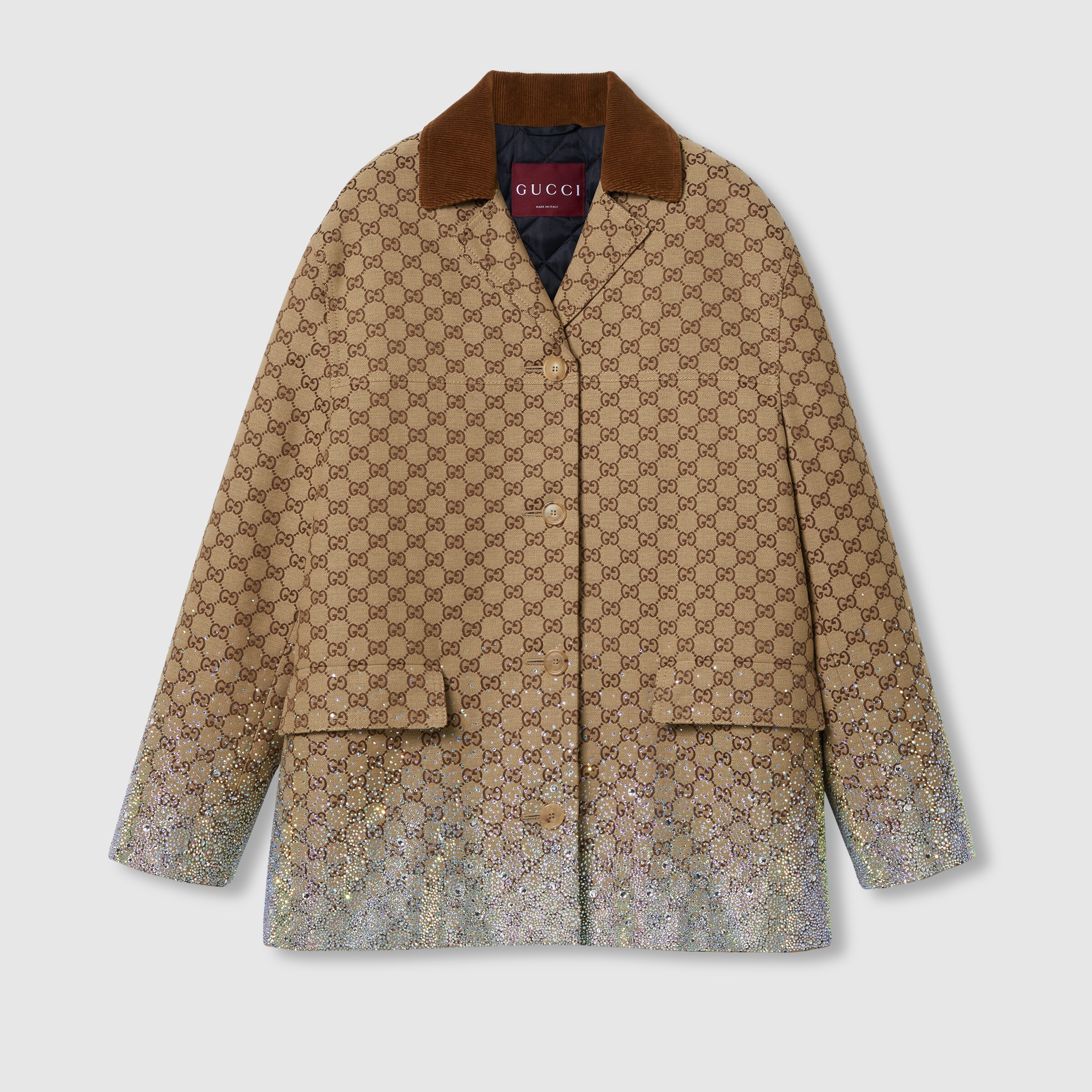 Embroidered GG canvas coat in beige and dark brown | GUCCI® US
