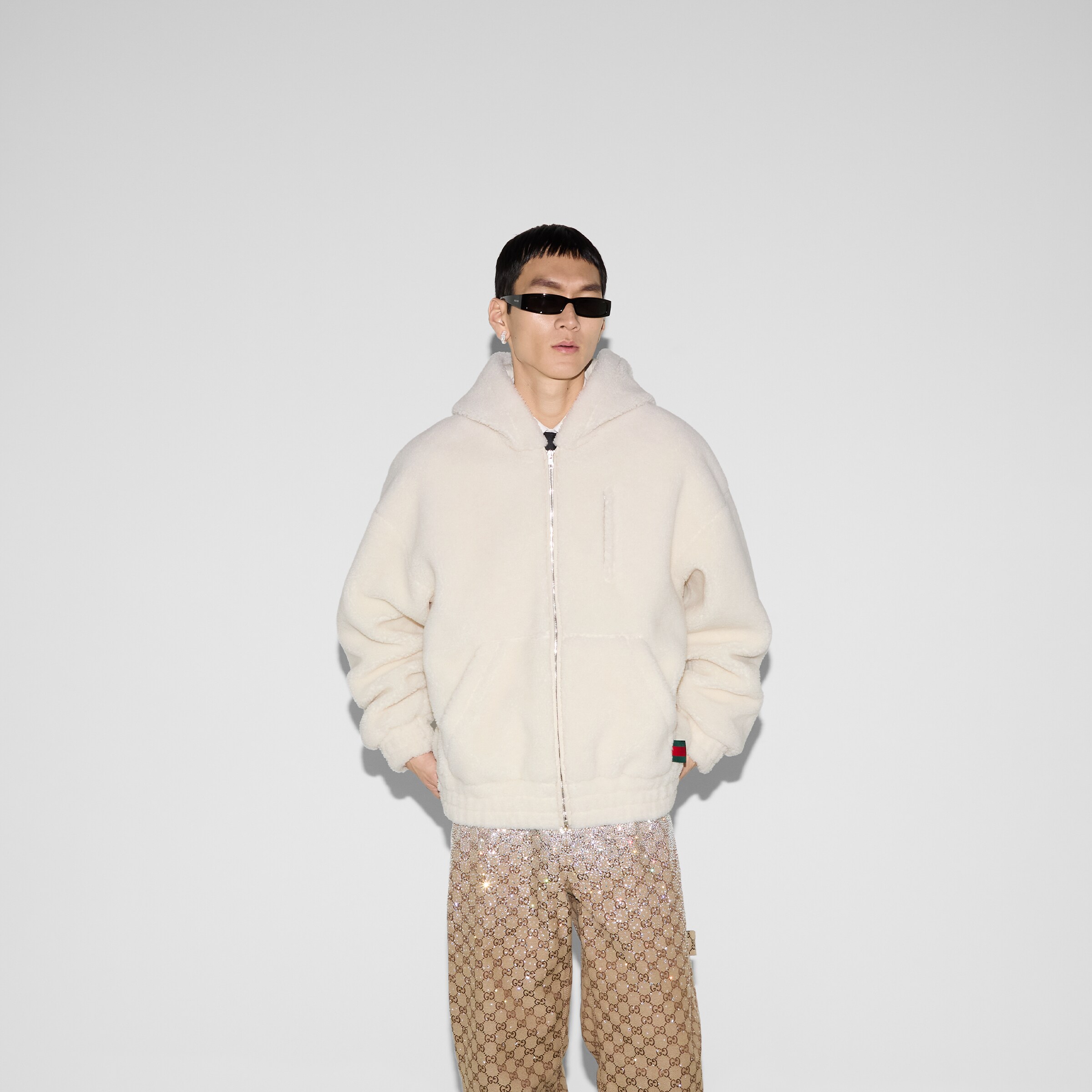 Wool fleece zip jacket with Web in ivory | GUCCI® UK