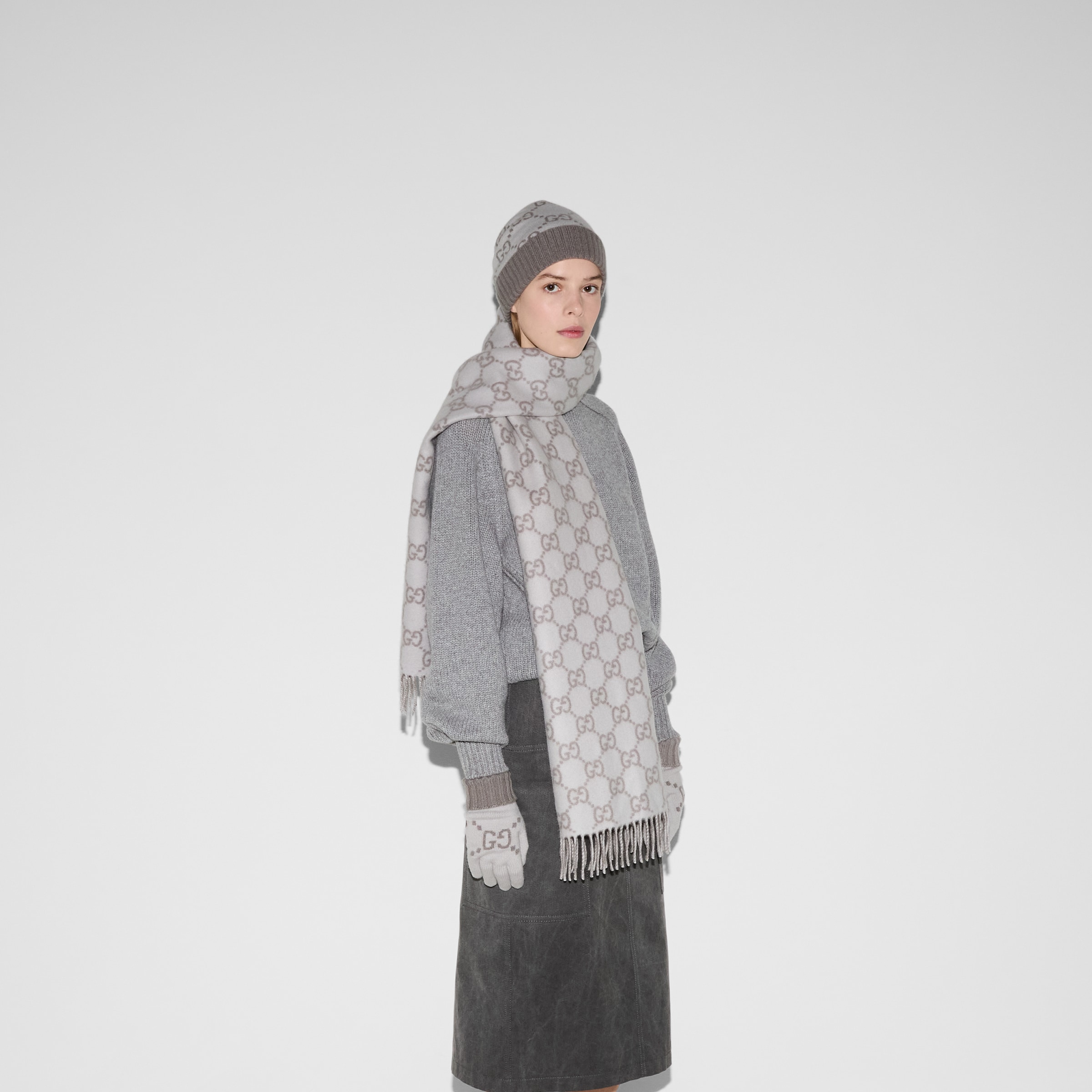 GG cashmere jacquard hat in ivory and light grey | GUCCI® US