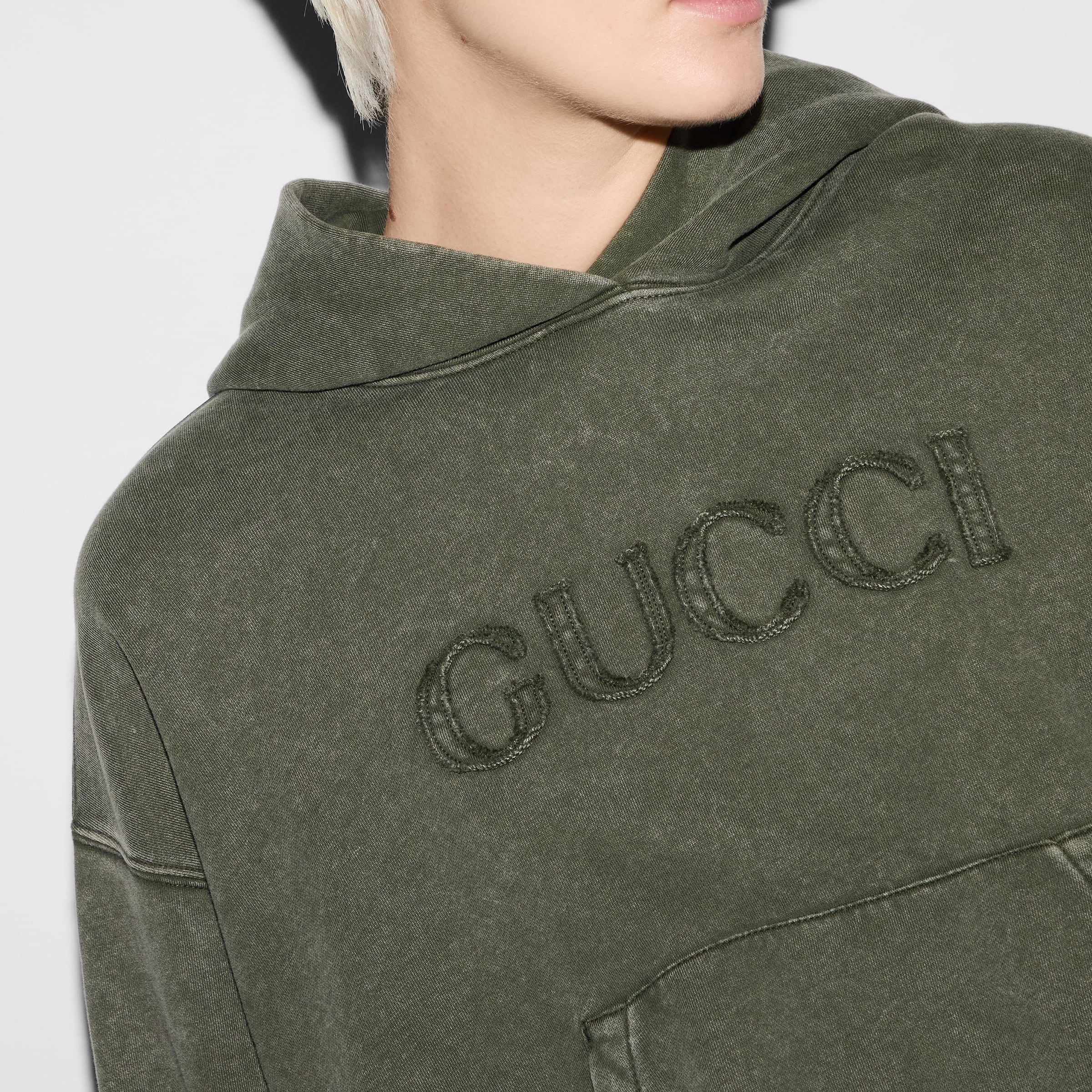 Embroidered cotton jersey hooded sweatshirt in dark green | GUCCI® US