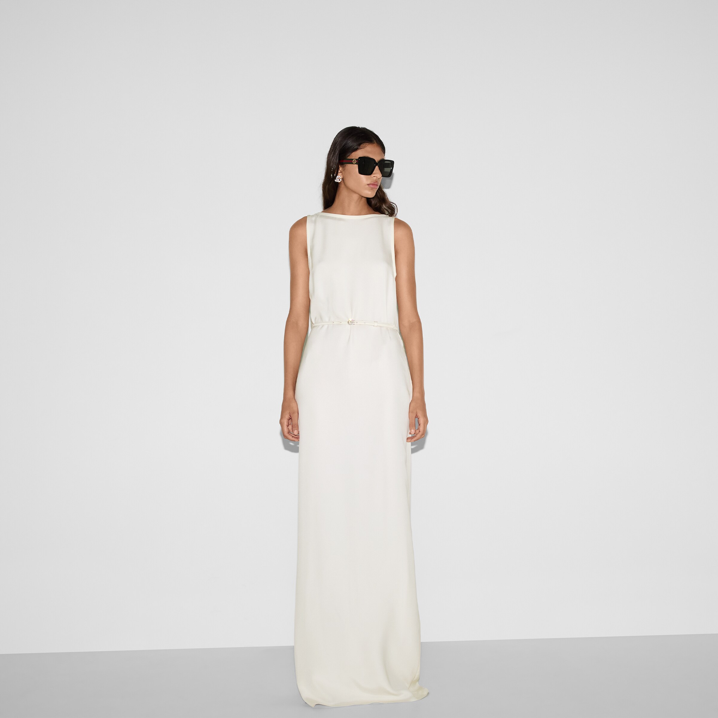 Long silk cady dress in ivory | GUCCI® US