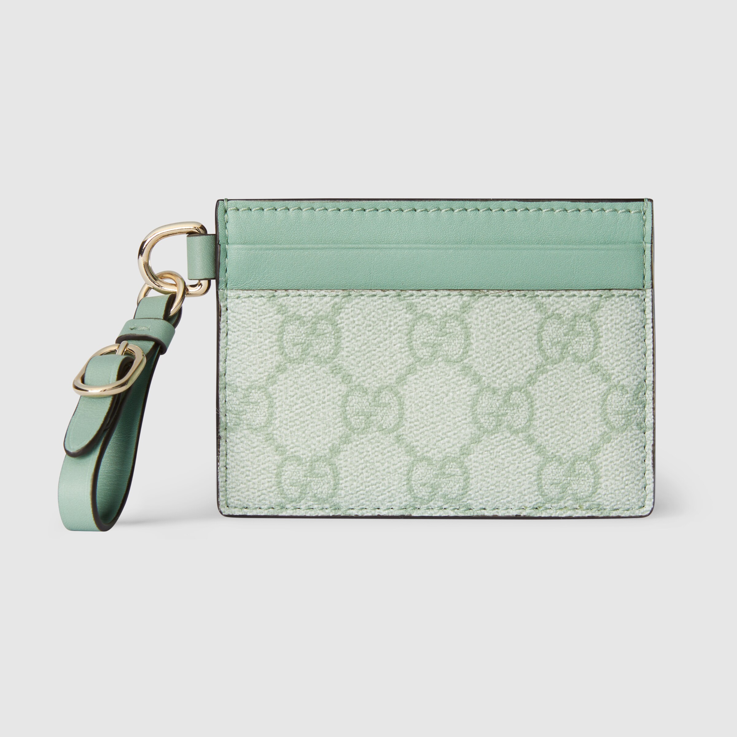 GG Emblem card case with strap in sage green | GUCCI® SG