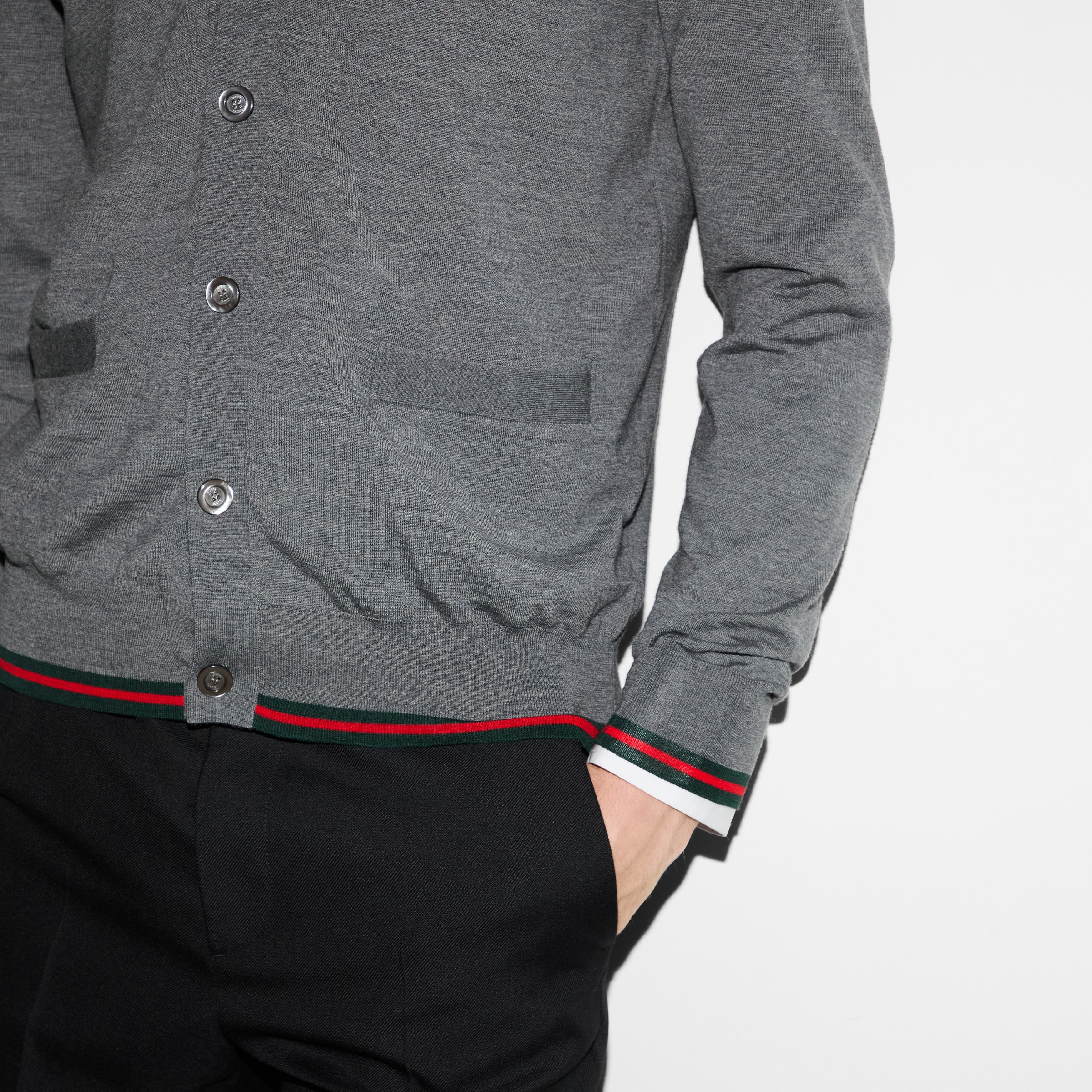 Wool knit cardigan with Web in dark grey | GUCCI® ZA