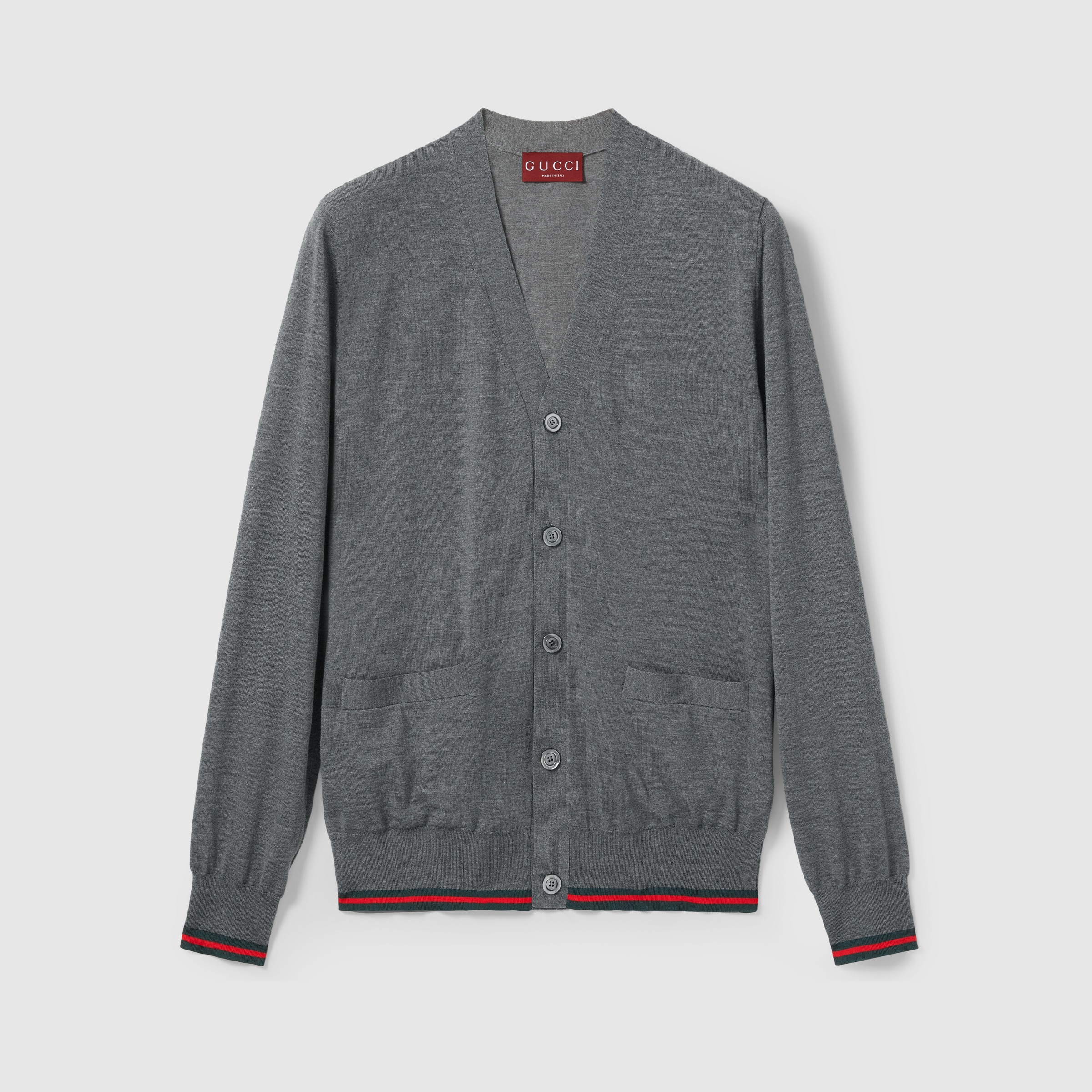 Wool knit cardigan with Web in dark grey | GUCCI® ZA