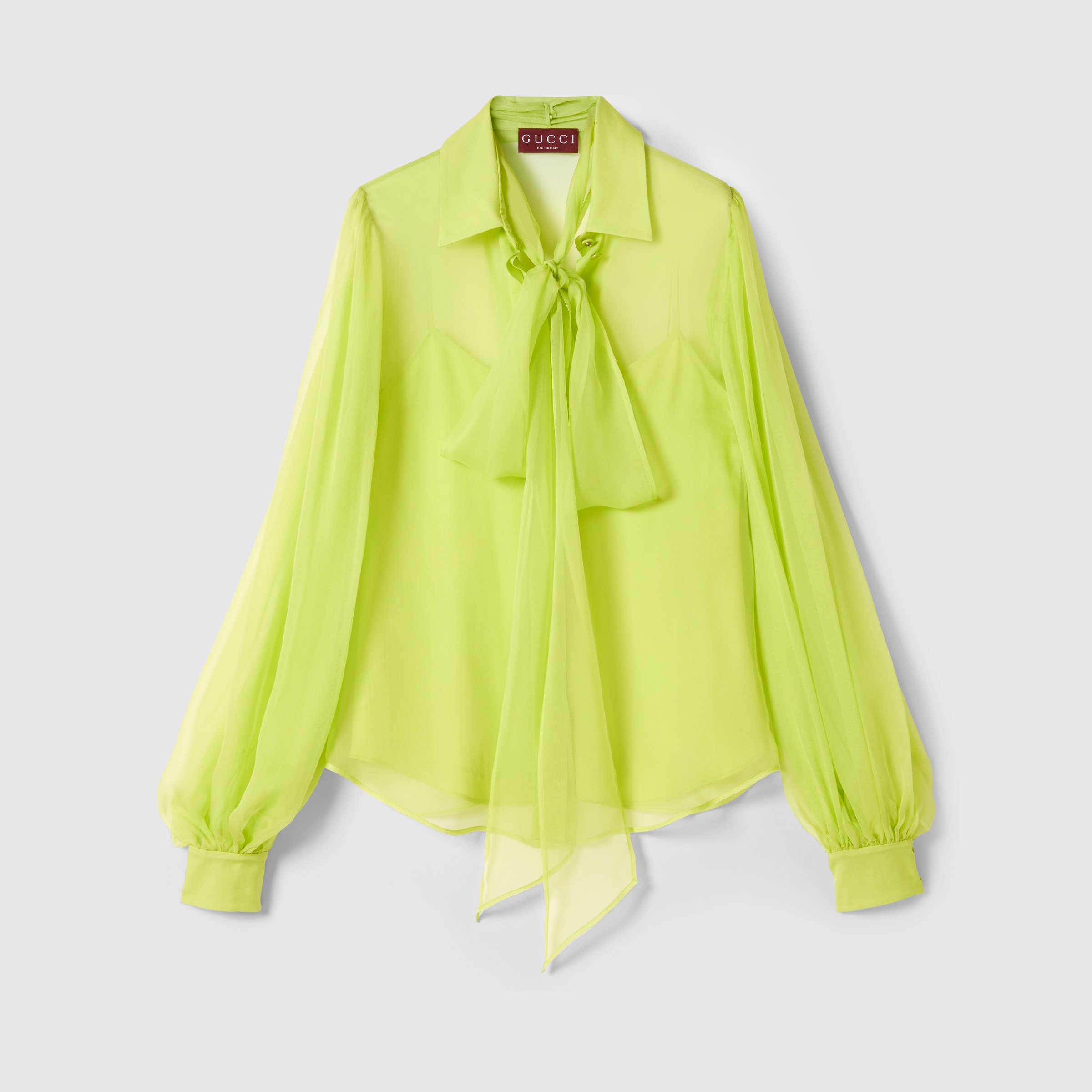 أخضر ليموني ‎قميص من شيفون الحرير | GUCCI® السعودية