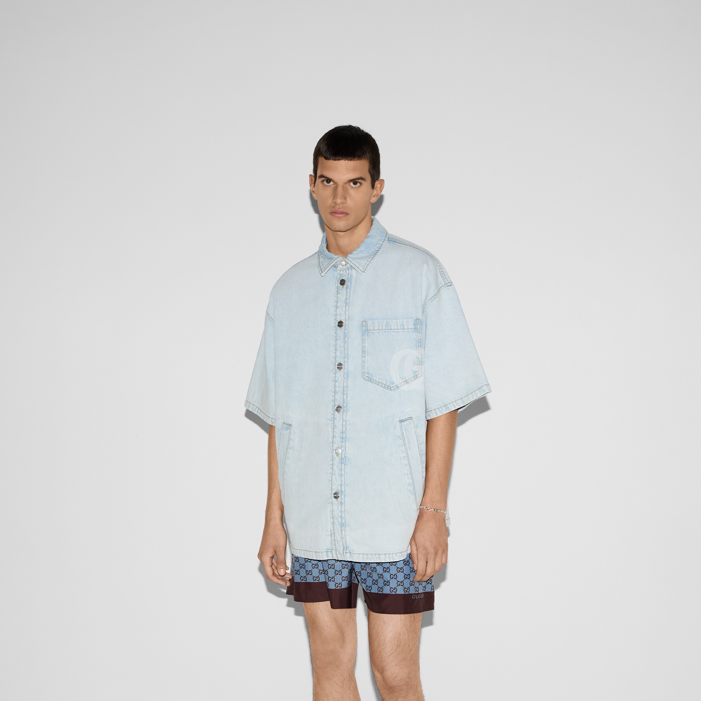 Lasered denim shirt in light blue | GUCCI® US