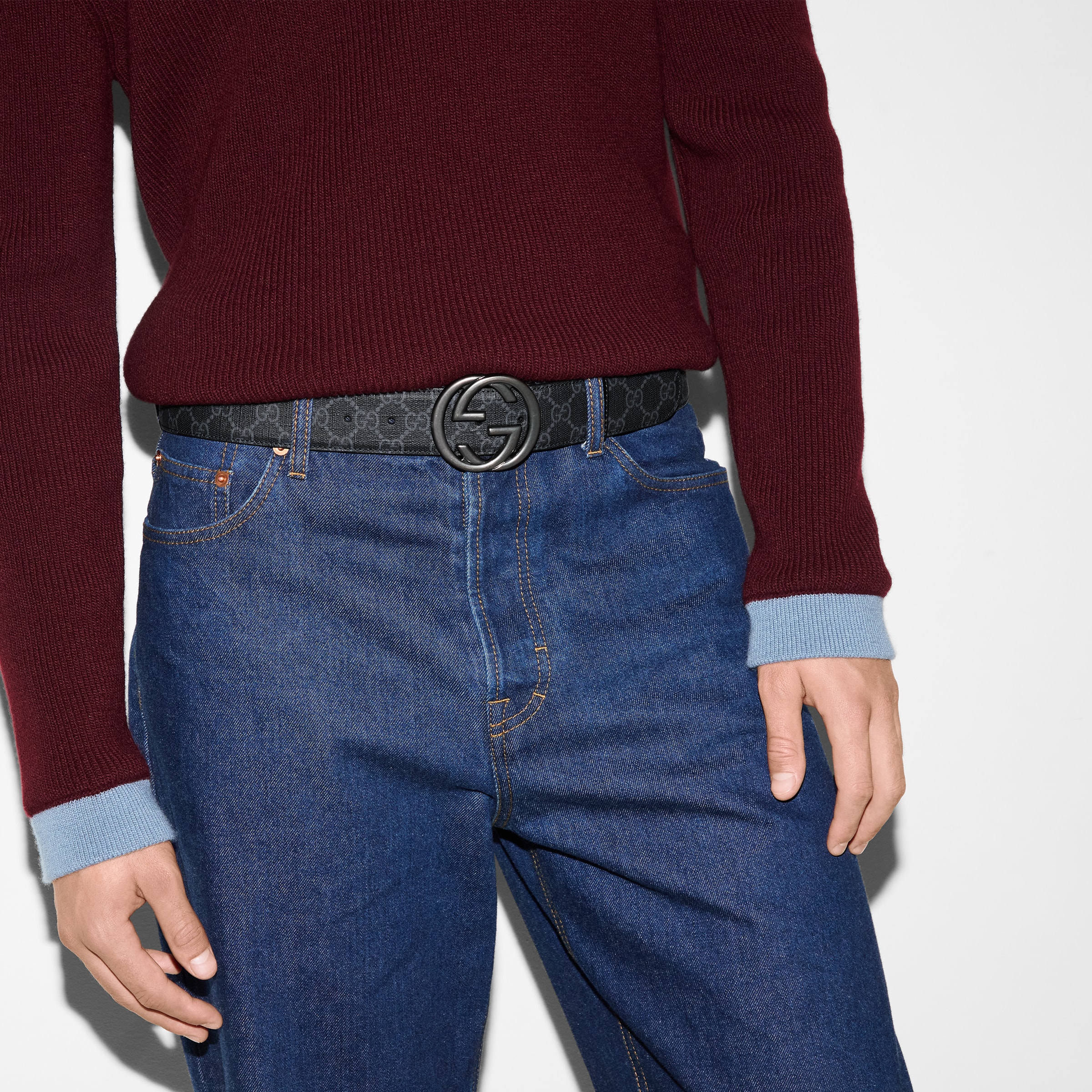 Belt with Interlocking G buckle in black Supreme canvas | GUCCI® Australia