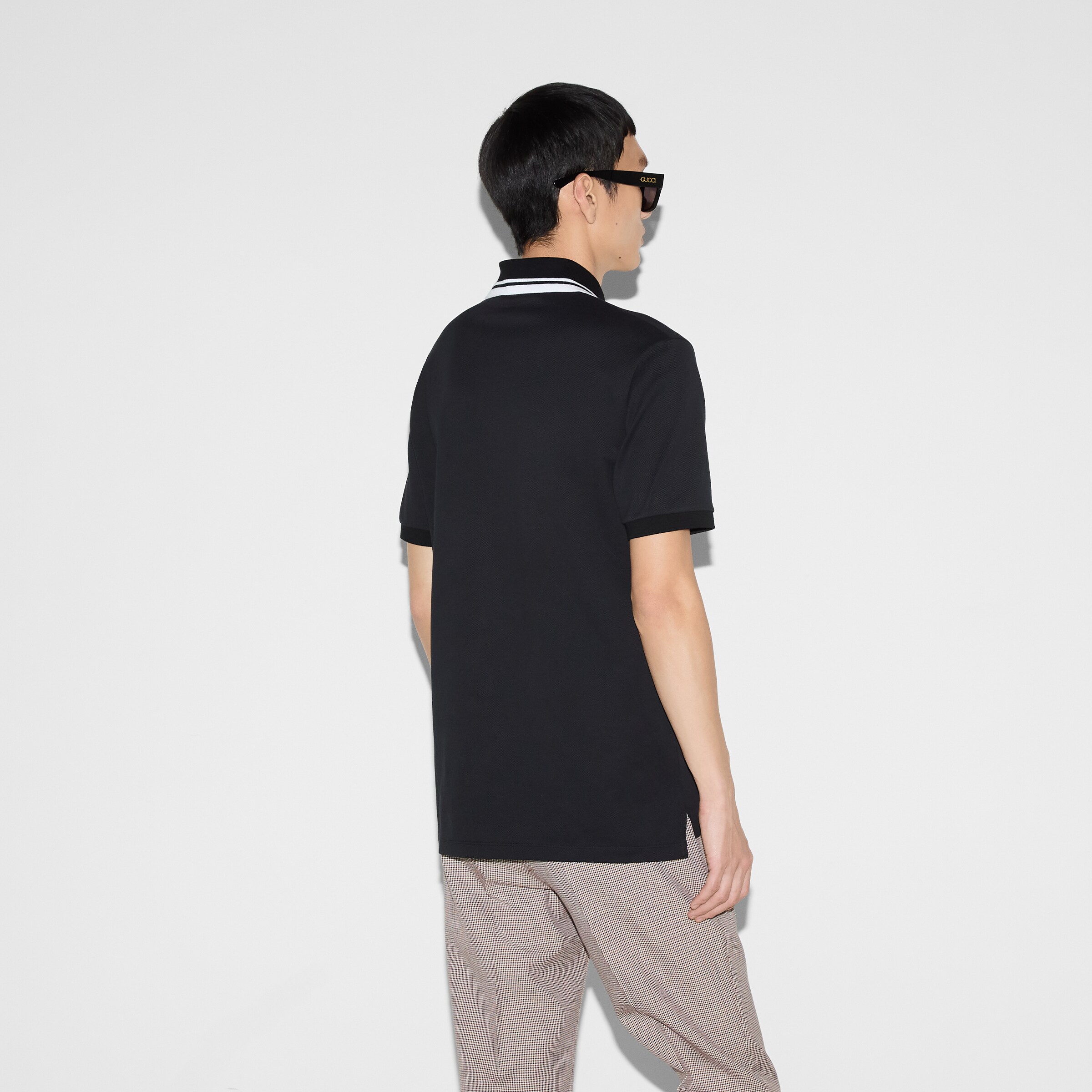 Cotton polo shirt with embroidery in navy | GUCCI® Canada