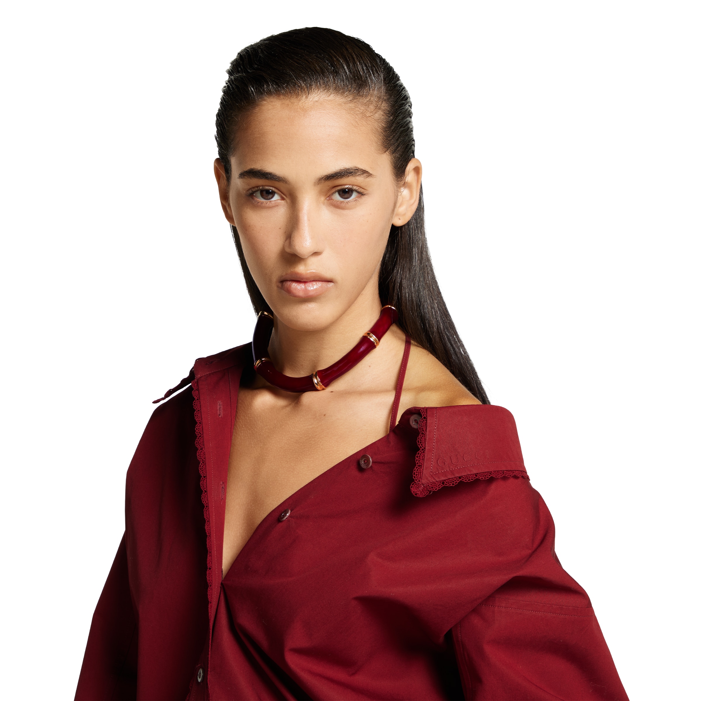 Cotton poplin shirt with tie in Rosso Ancora red | GUCCI® US