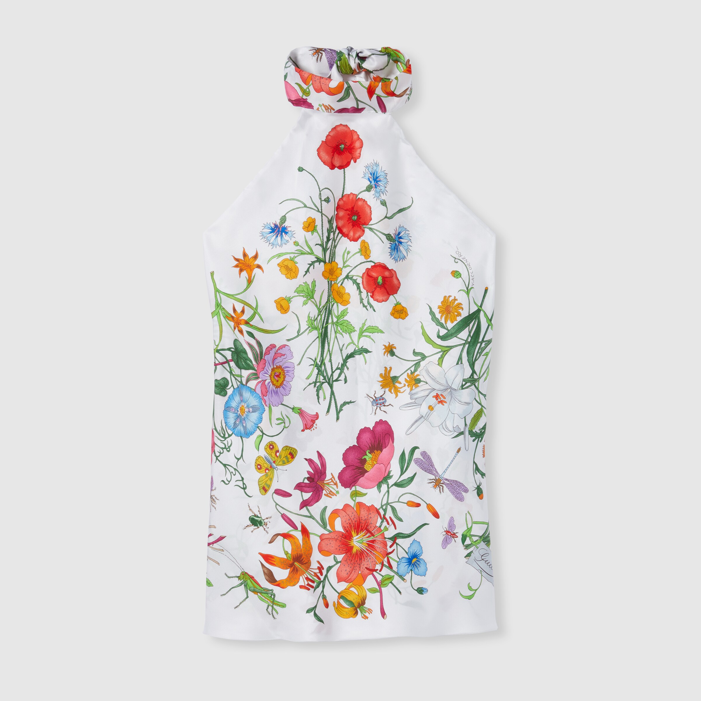 Self-tie silk twill halter top in white and multicolor | GUCCI® US