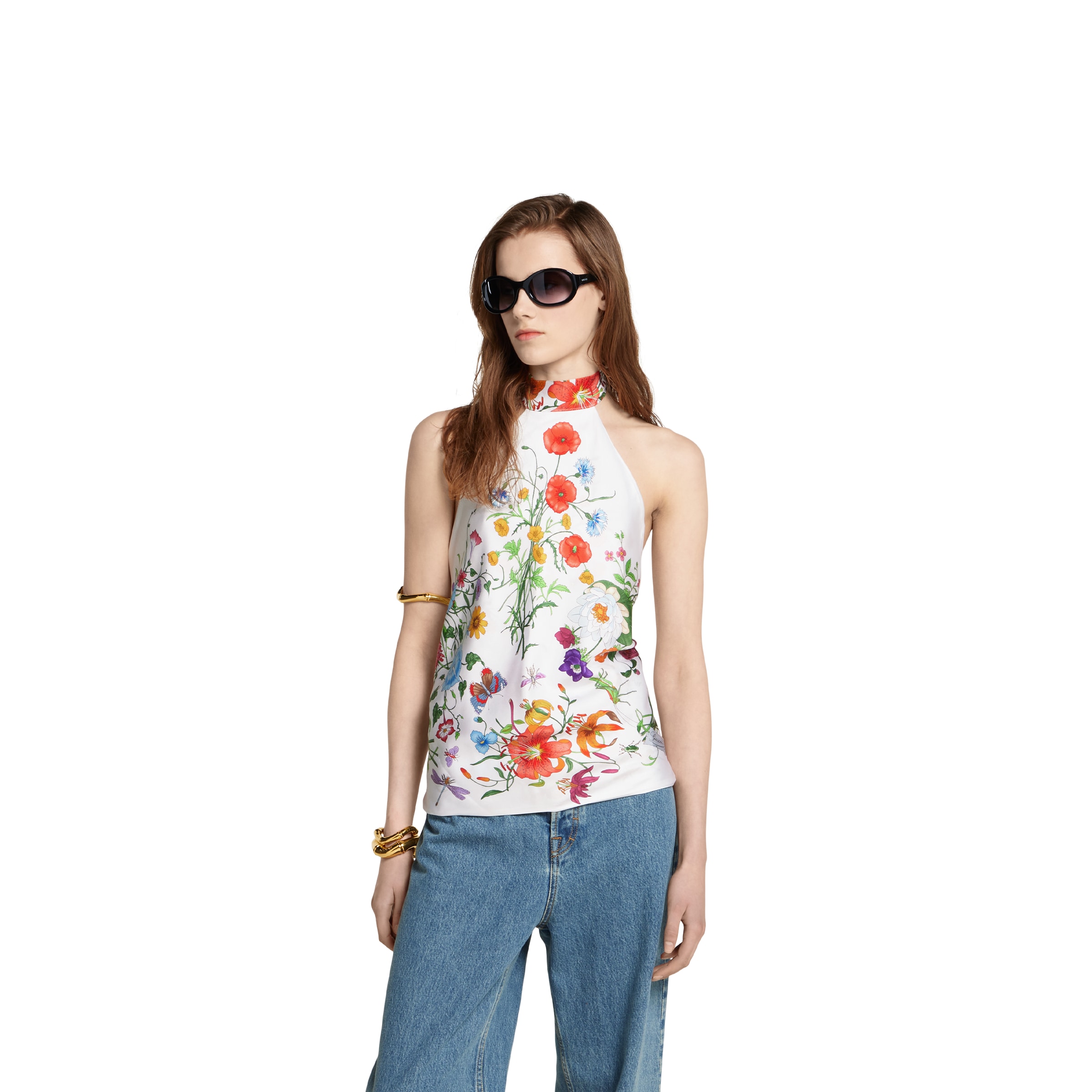 Self-tie silk twill halter top in white and multicolor | GUCCI® US