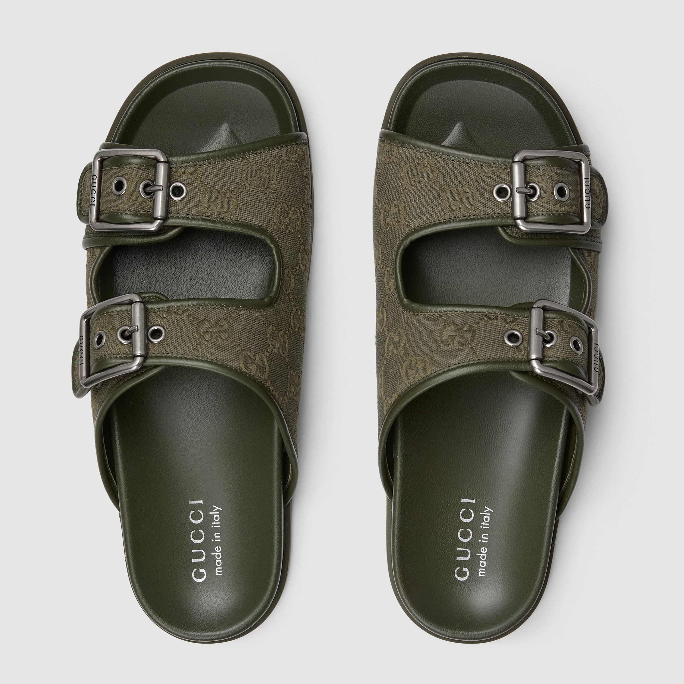 Men's slide sandal with buckles in dark green GG canvas | GUCCI® ZA