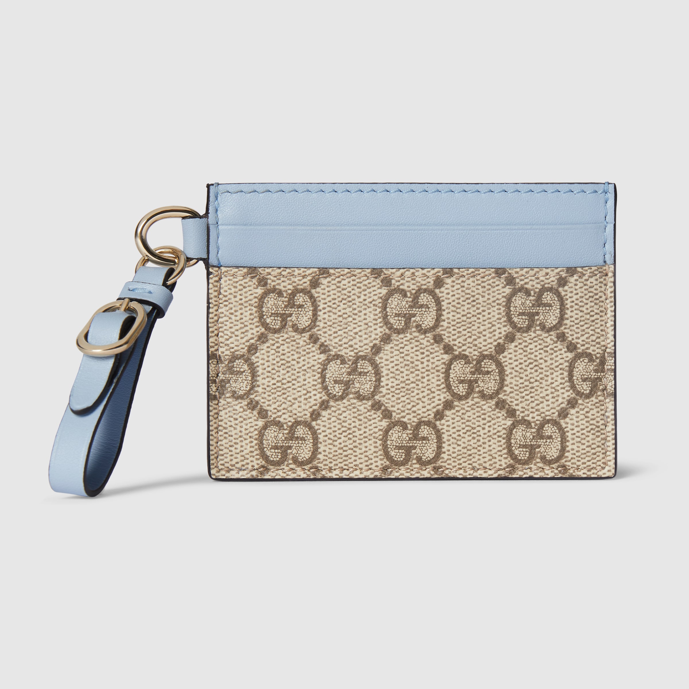 GG Emblem card case with strap in beige and brown GG fabric | GUCCI® UK