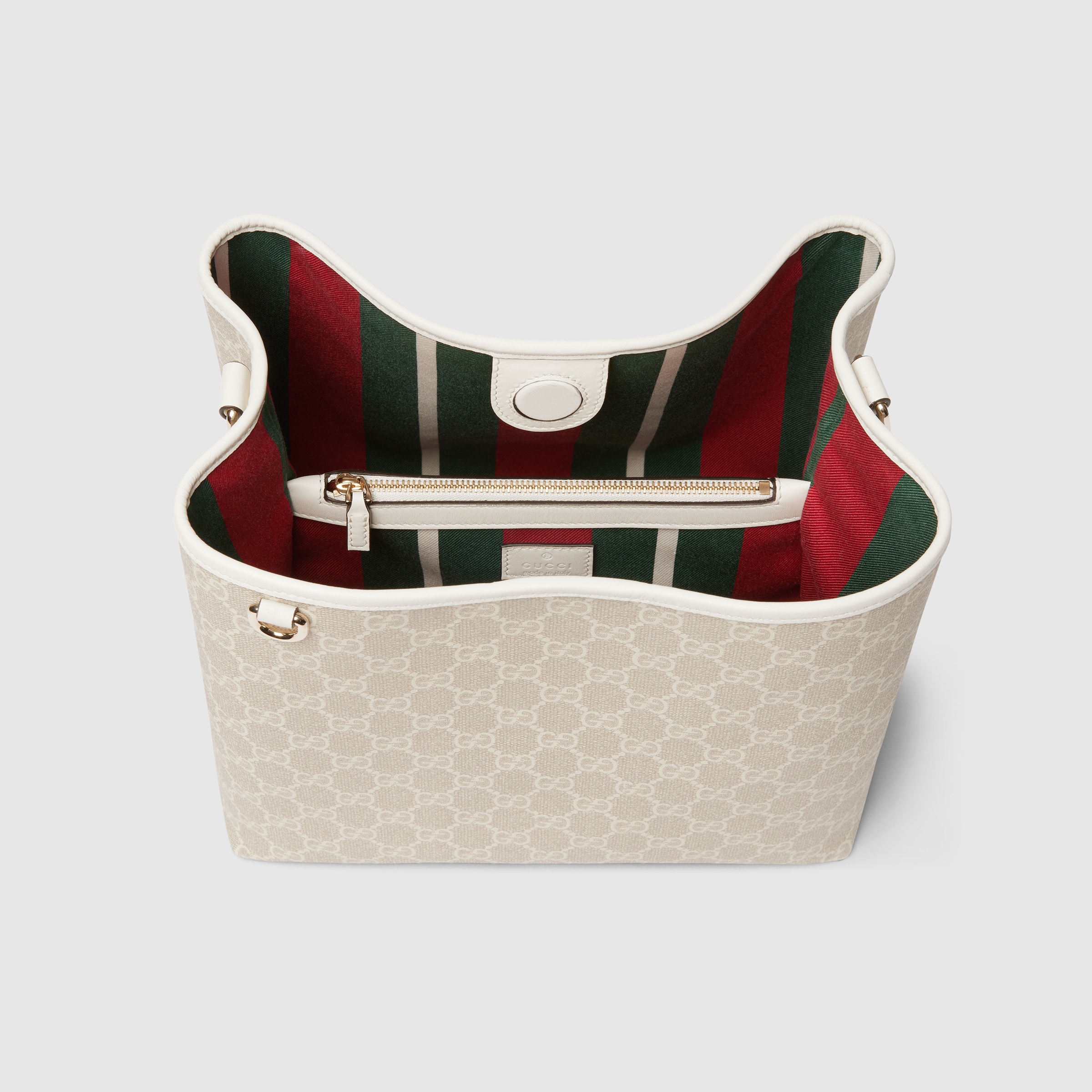 GG Emblem medium bucket bag in beige and white fabric | GUCCI® US