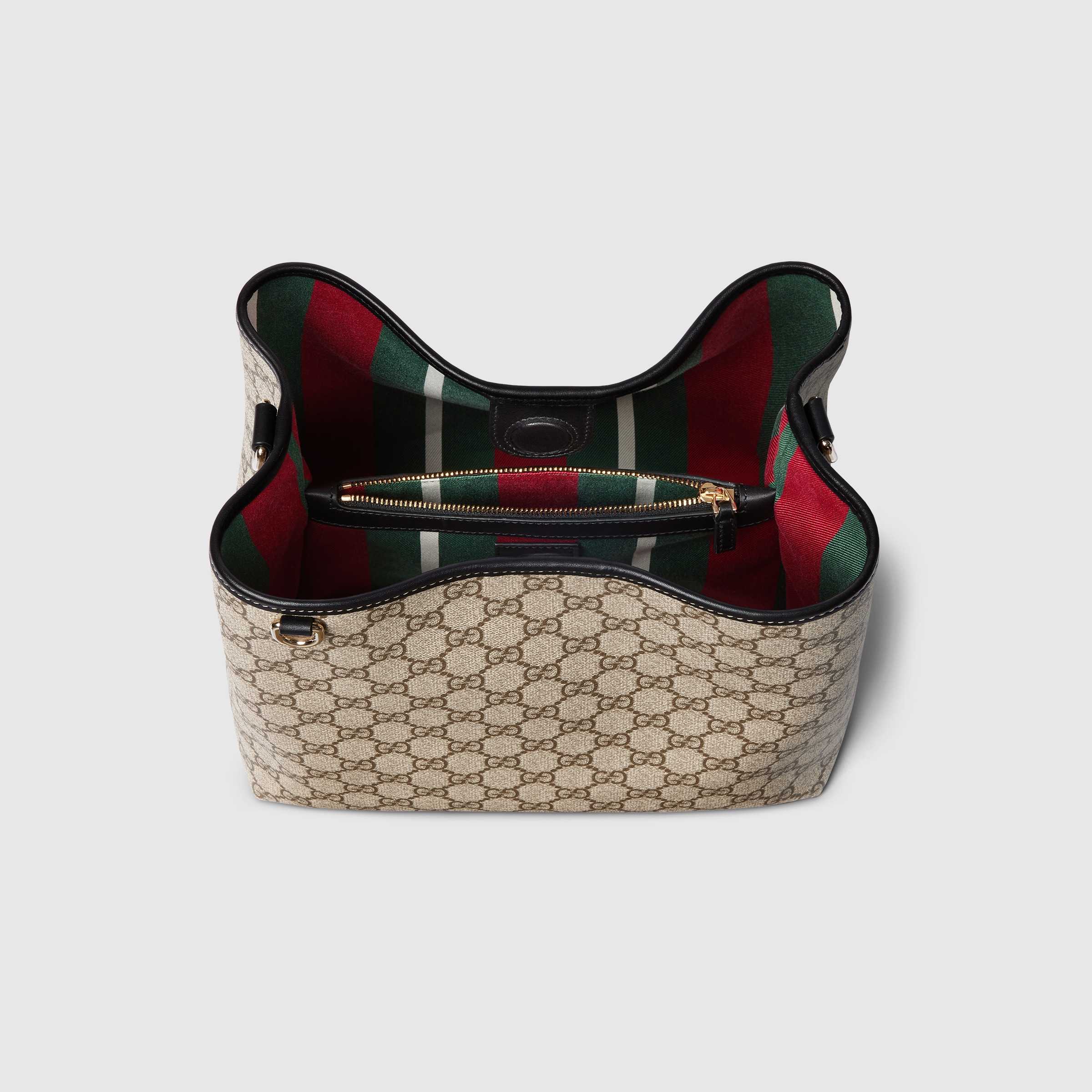 GG Emblem medium bucket bag in beige and dark brown fabric | GUCCI® SG