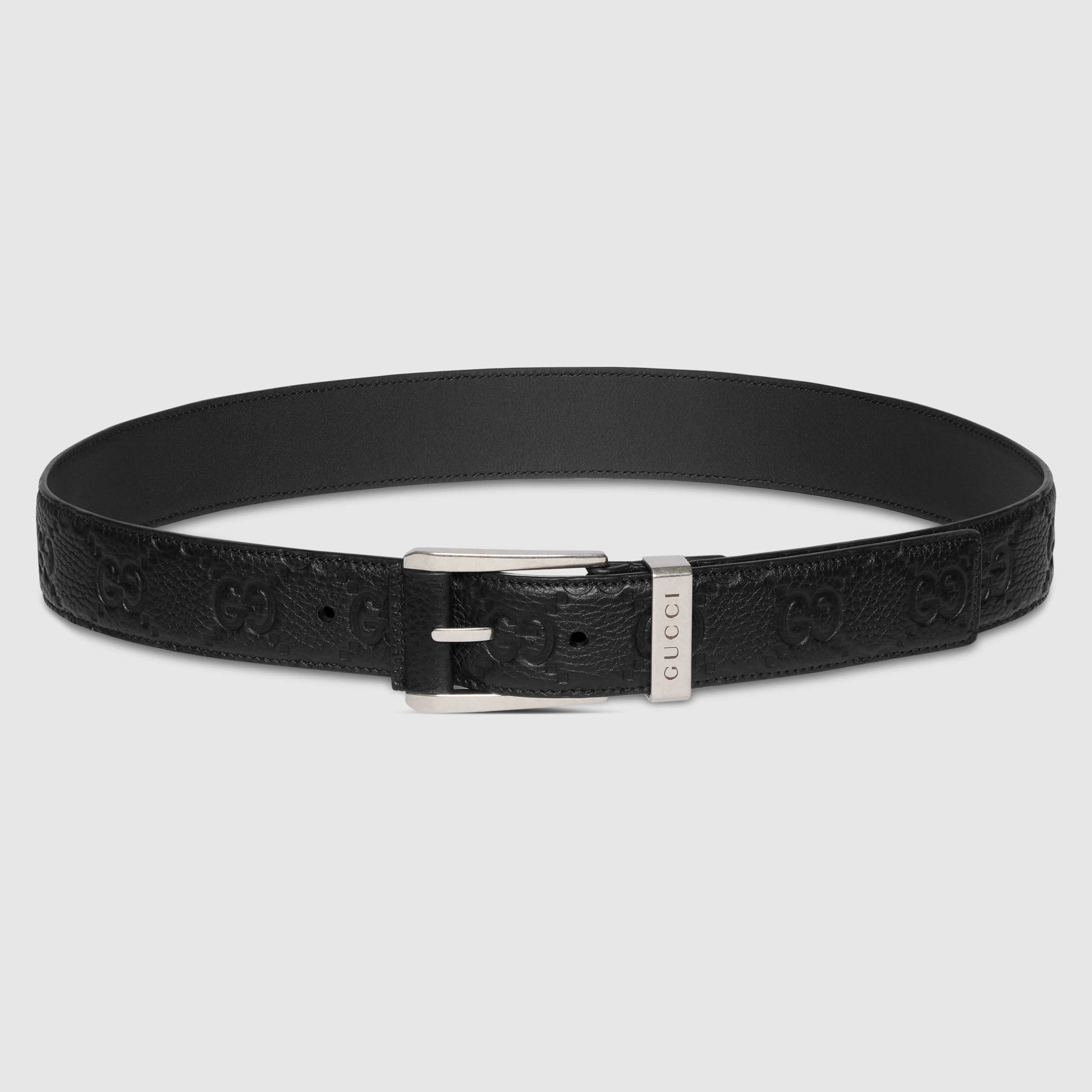 Embossed GG belt with squared buckle in black | GUCCI® Australia