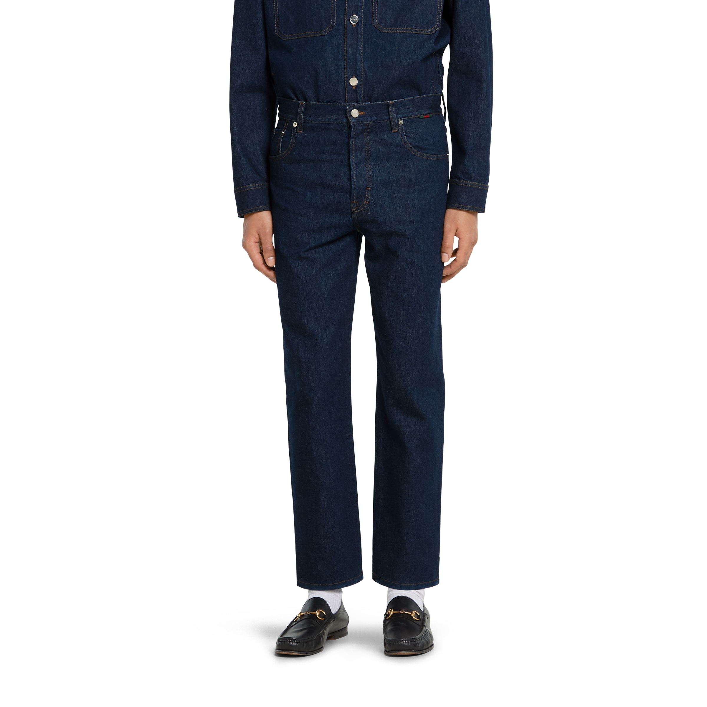Slim fit cotton denim pant in dark blue | GUCCI® UK