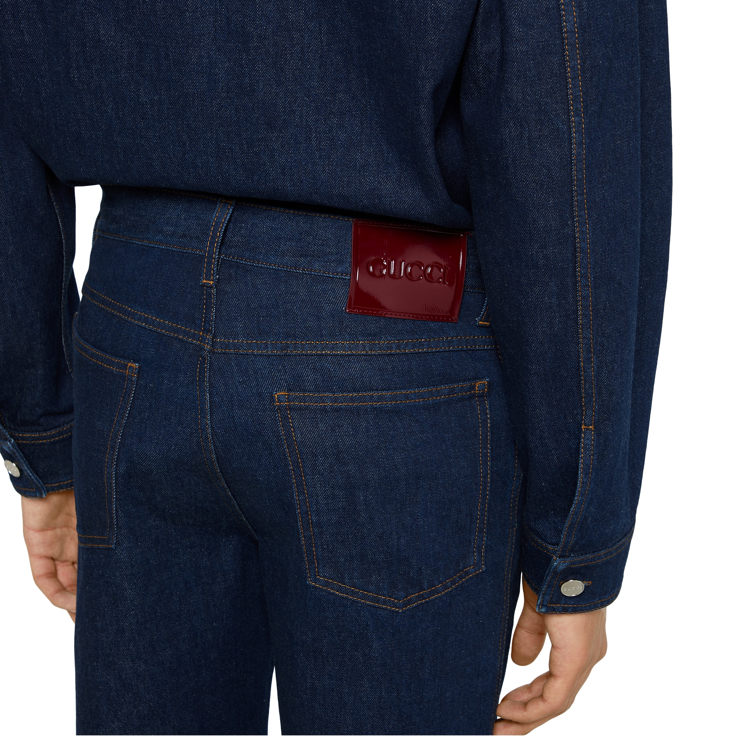 Slim fit cotton denim pant in dark blue | GUCCI® UK