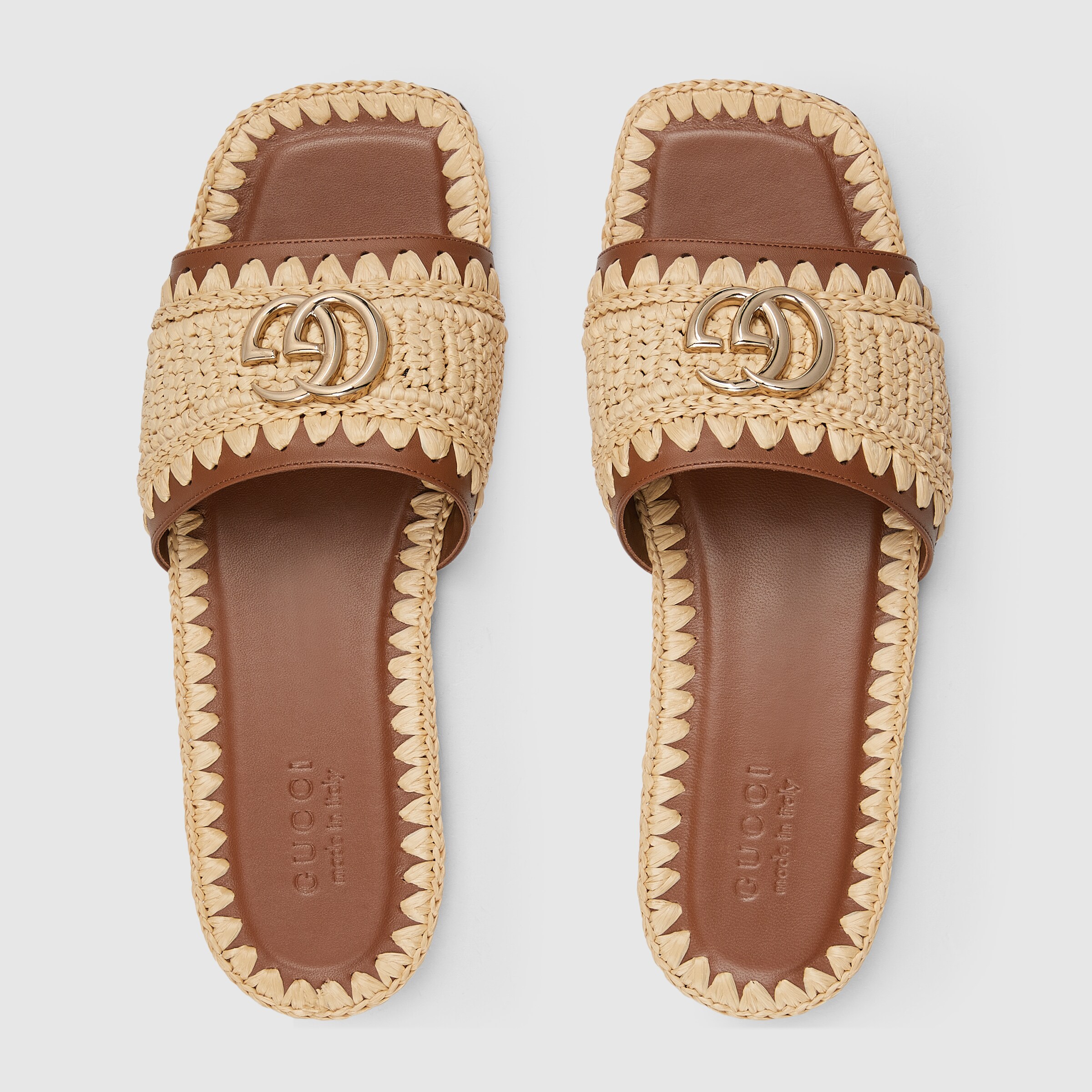 Women's slide sandal with Double G in natural raffia crochet | GUCCI® US
