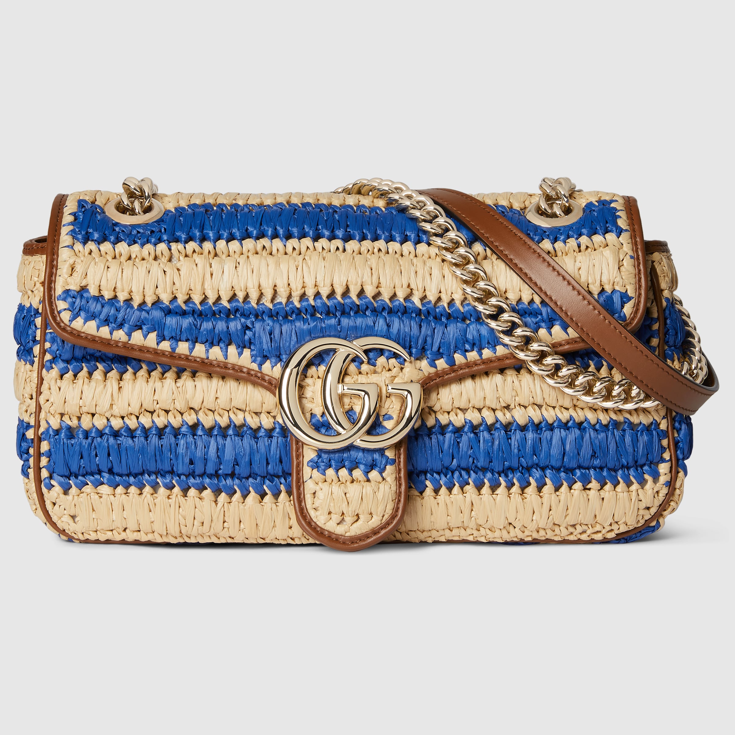 GG Marmont woven medium shoulder bag in blue and natural raffia effect ...