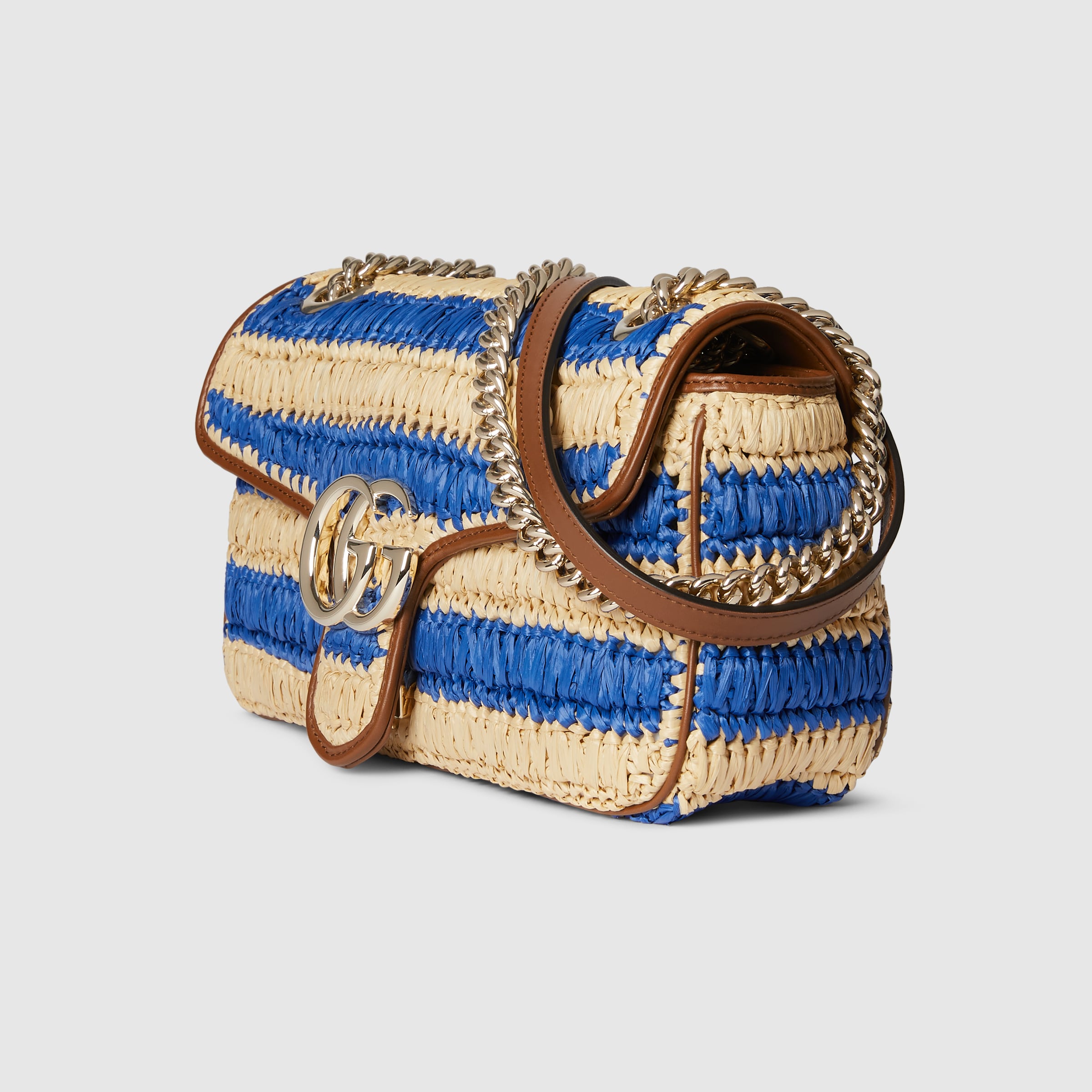 GG Marmont woven medium shoulder bag in blue and natural raffia effect ...