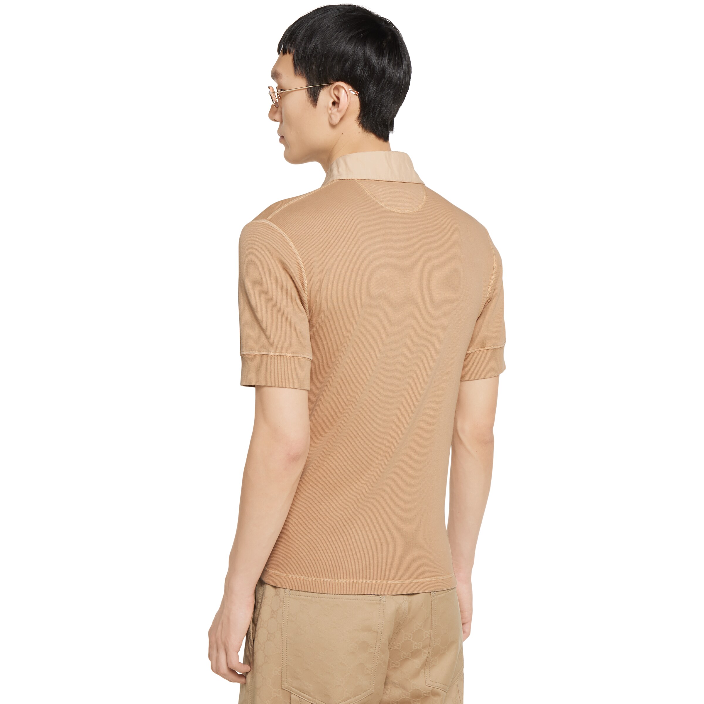 Rib cotton polo T-shirt with embroidery in beige | GUCCI® ZA