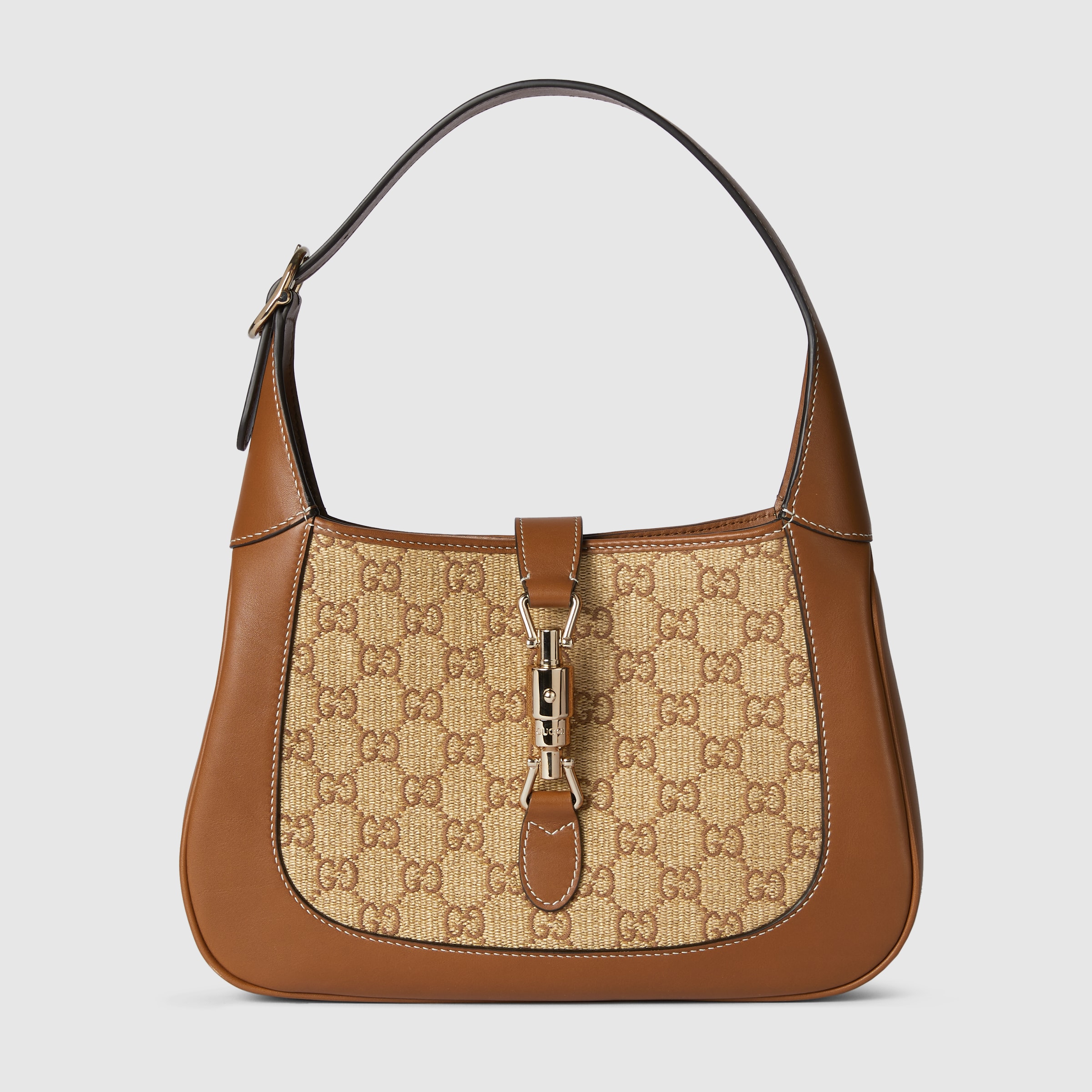 Gucci Jackie 1961 medium bag in brown raffia-effect fabric | GUCCI® UK