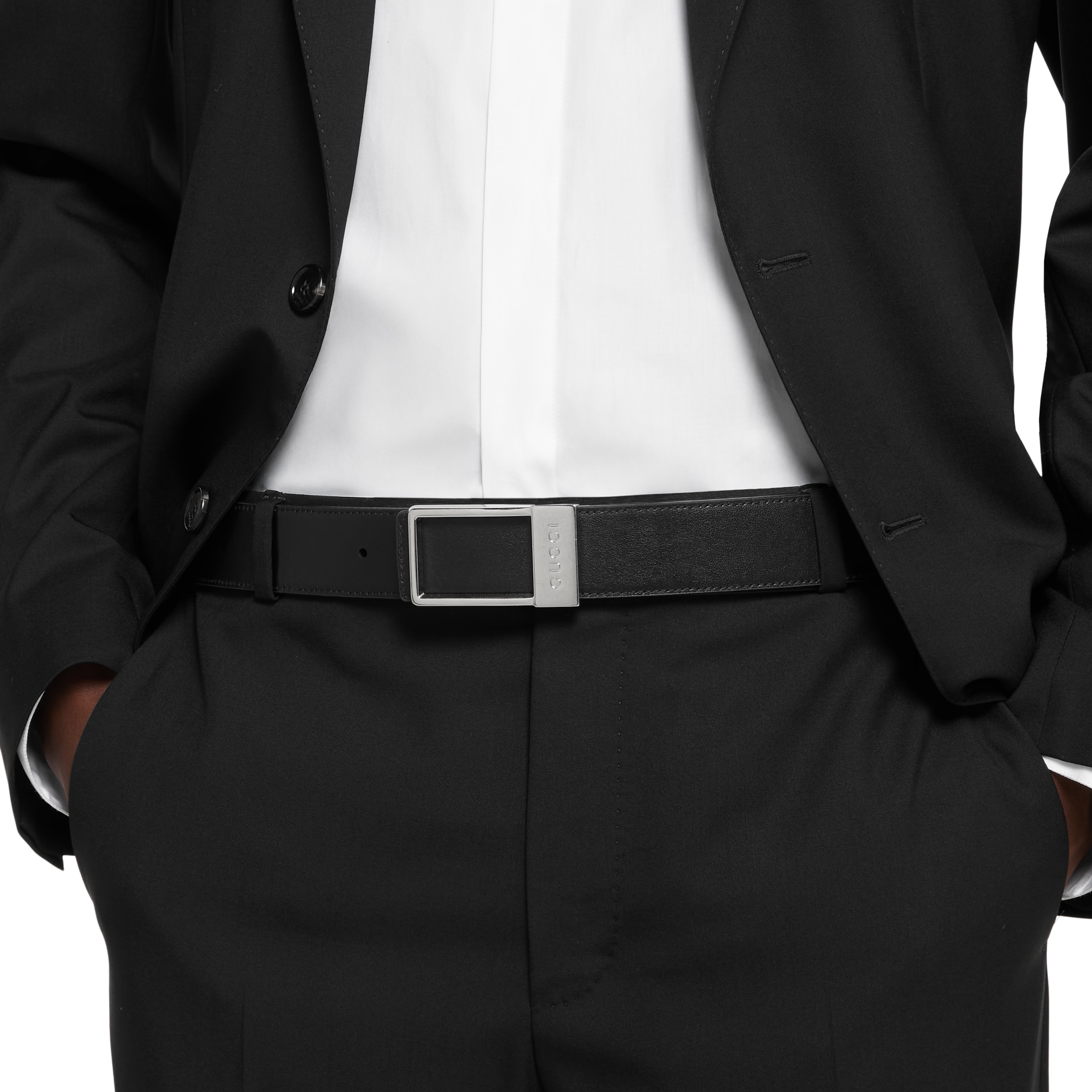 Reversible belt with rectangular buckle in black GG Supreme and leather ...