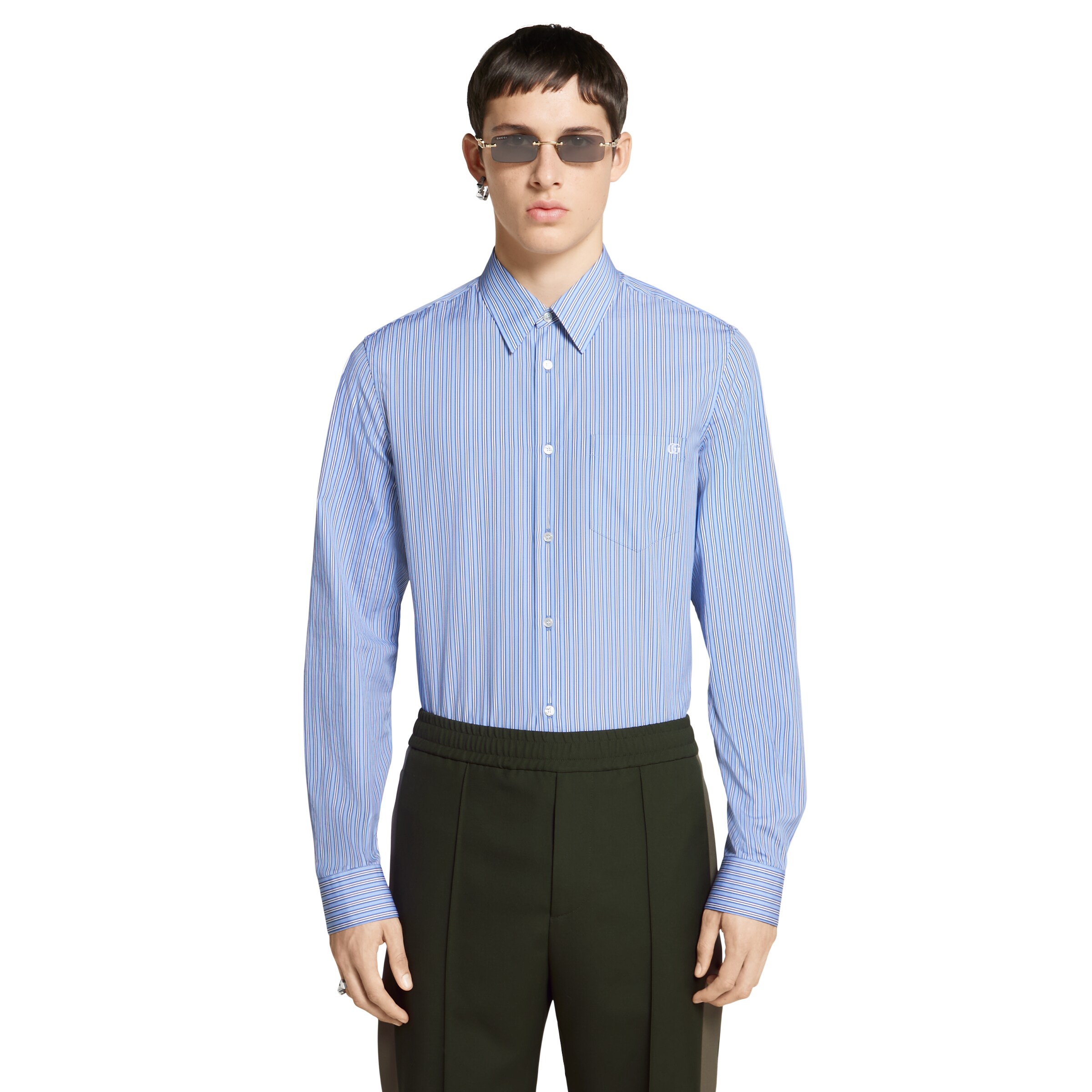 エンブロイダリー付き コットンポプリン シャツライトブルー | GUCCI公式