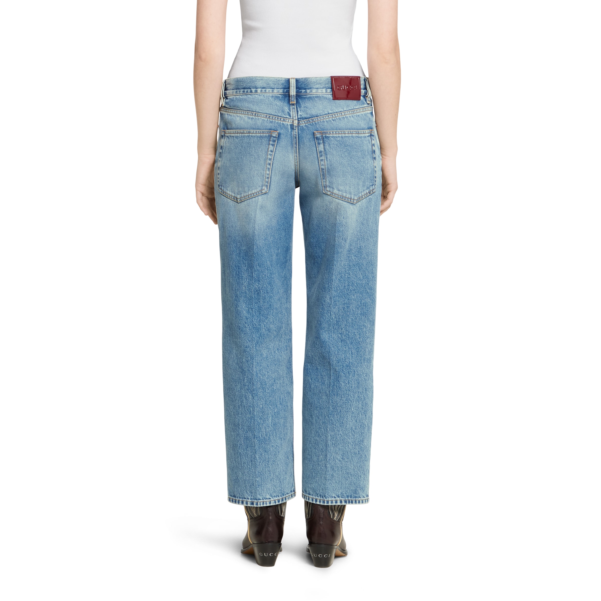 Straight fit denim pants in light blue | GUCCI® Australia