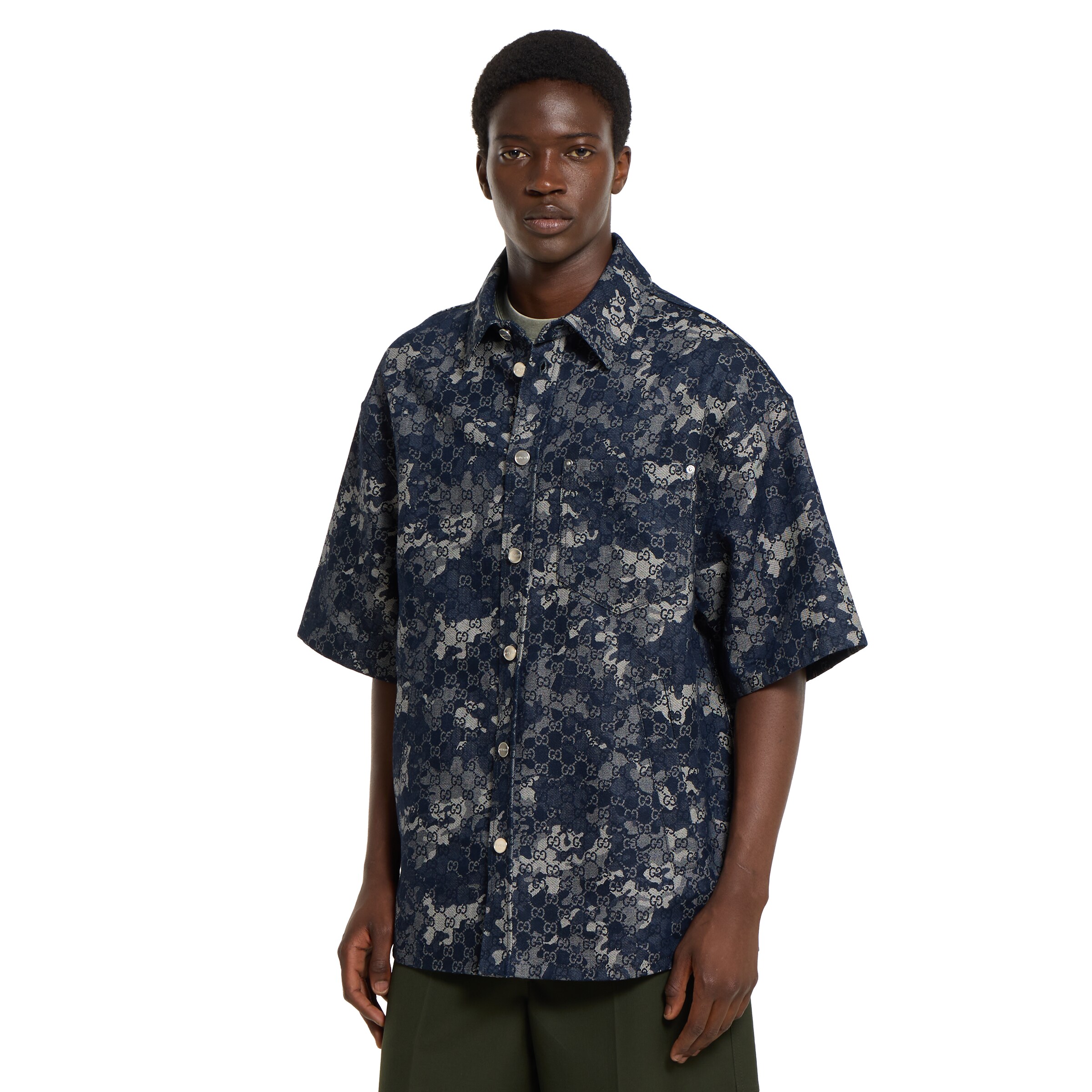 GG jacquard denim shirt in dark blue and ivory | GUCCI® TR