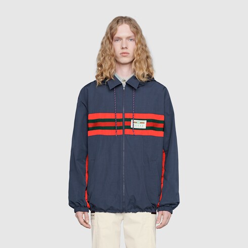 Nylon jacket with Web and Gucci label in Blue Undefined | GUCCI® SI