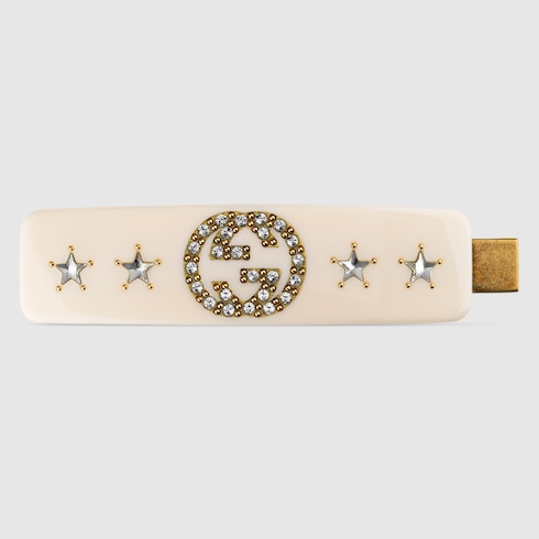 Crystal Interlocking G Hair Clip Slide In Ivory Resin | GUCCI® SG