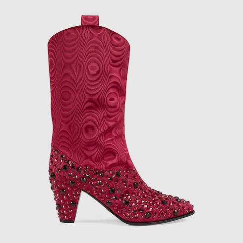 Women's Boot With Crystals In Dark Cherry Red Moiré | GUCCI® BE