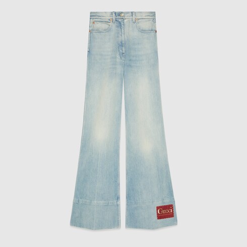 Blue Washed denim flare jeans with Gucci label | GUCCI® RO