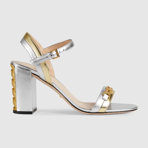 Women's sandal with chain in silver metallic leather | GUCCI® NL