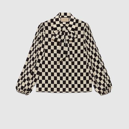 Check silk shirt with neck bow in ivory and black | GUCCI® TR