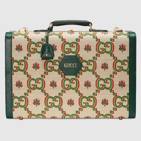 Gucci 100 medium suitcase in beige and green jacquard | GUCCI® DK