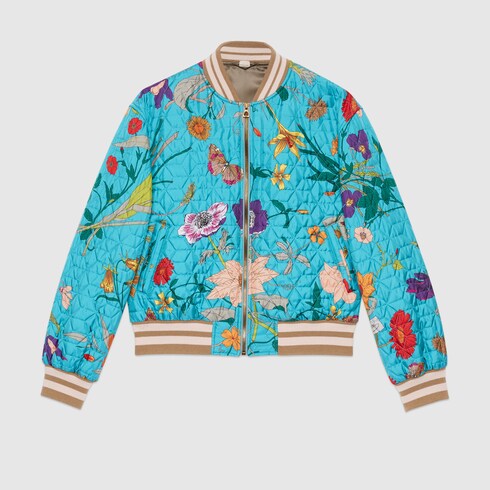 Silk quilted jacket with Flora print in aquamarine and multicolour ...