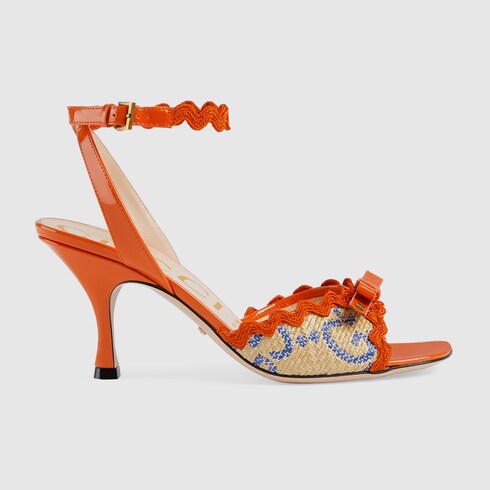 Women's GG raffia effect sandal in light blue and beige | GUCCI® AE