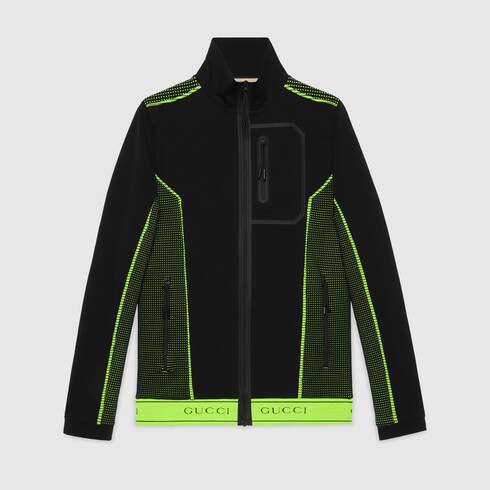 Jacquard tubular jersey zip jacket in black and fluorescent yellow ...
